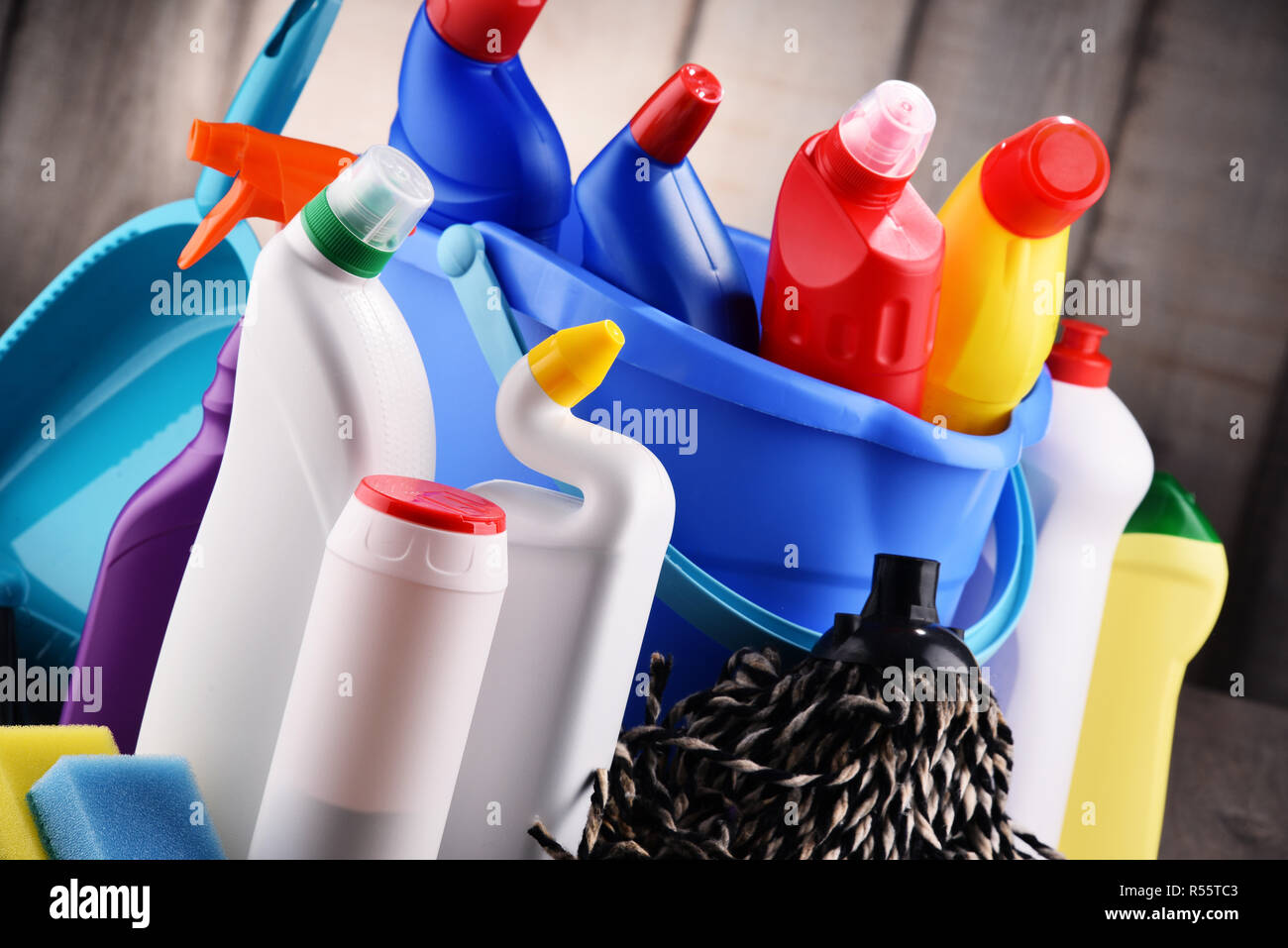 Variety of detergent bottles and chemical cleaning supplies Stock Photo ...