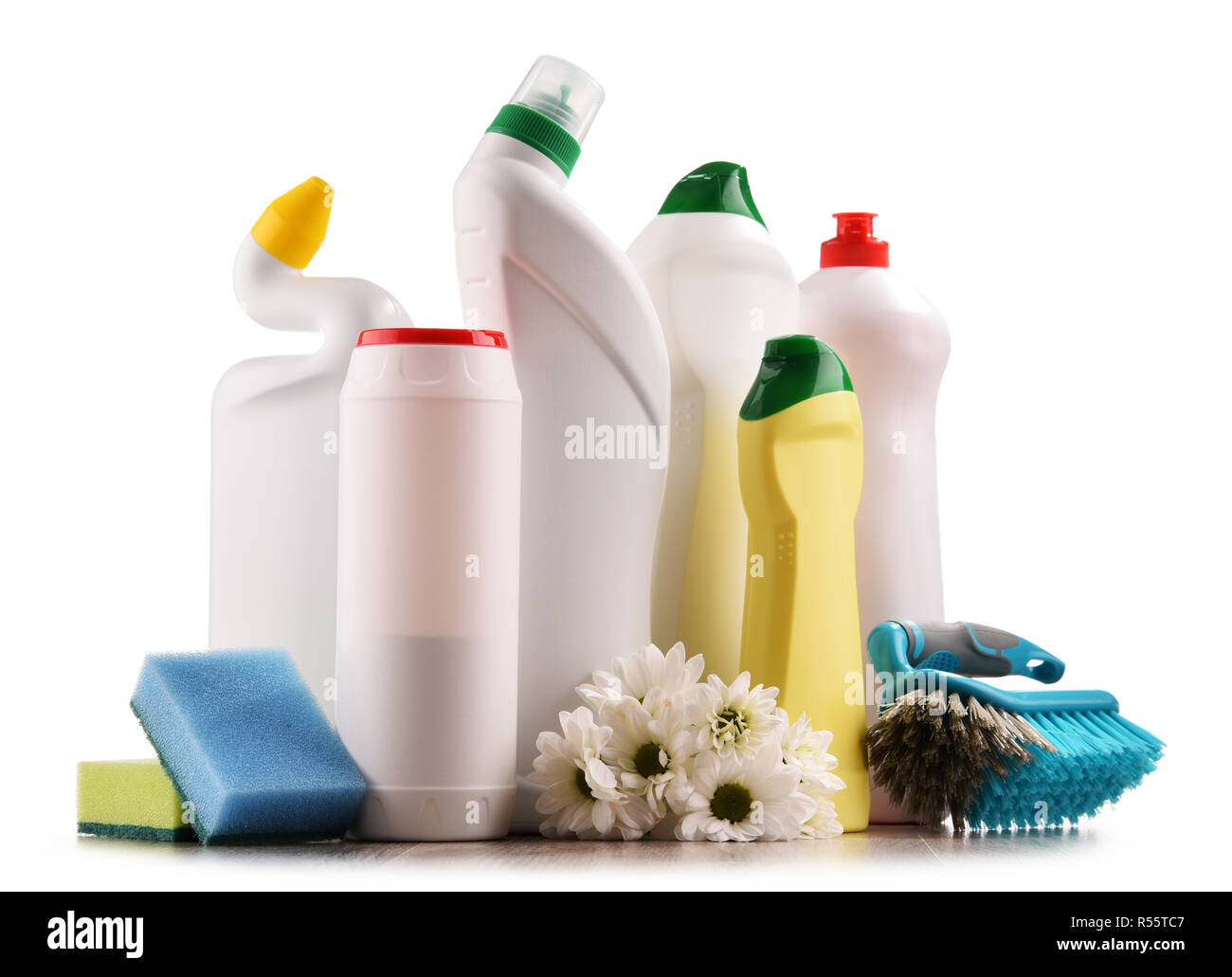 Variety of detergent bottles and chemical cleaning supplies Stock Photo ...