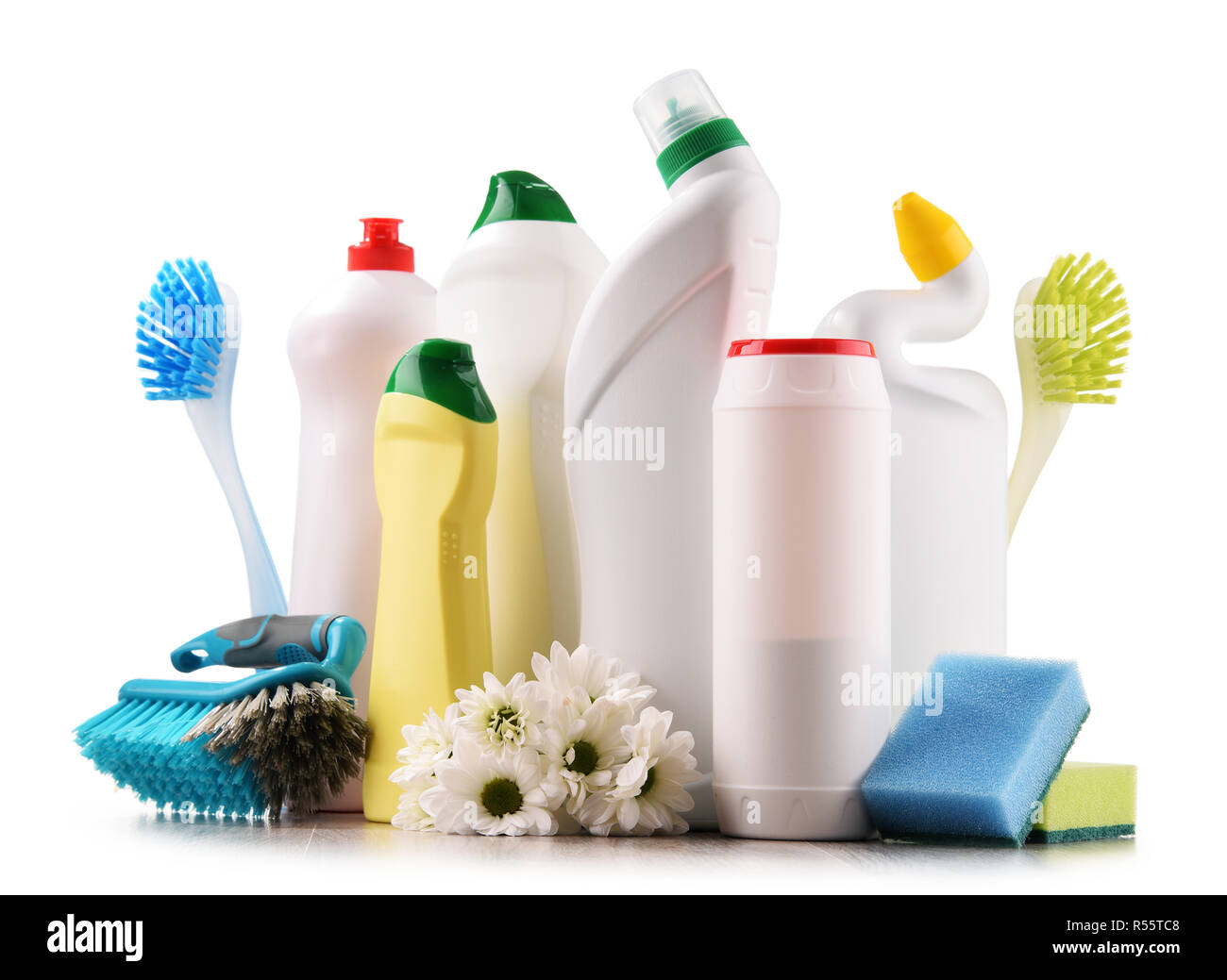 Variety of detergent bottles and chemical cleaning supplies Stock Photo ...