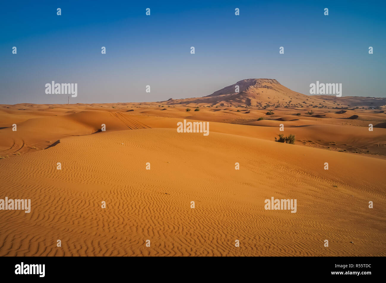 Tire tracks through the desert sand dunes. Feeling lost and alone in ...
