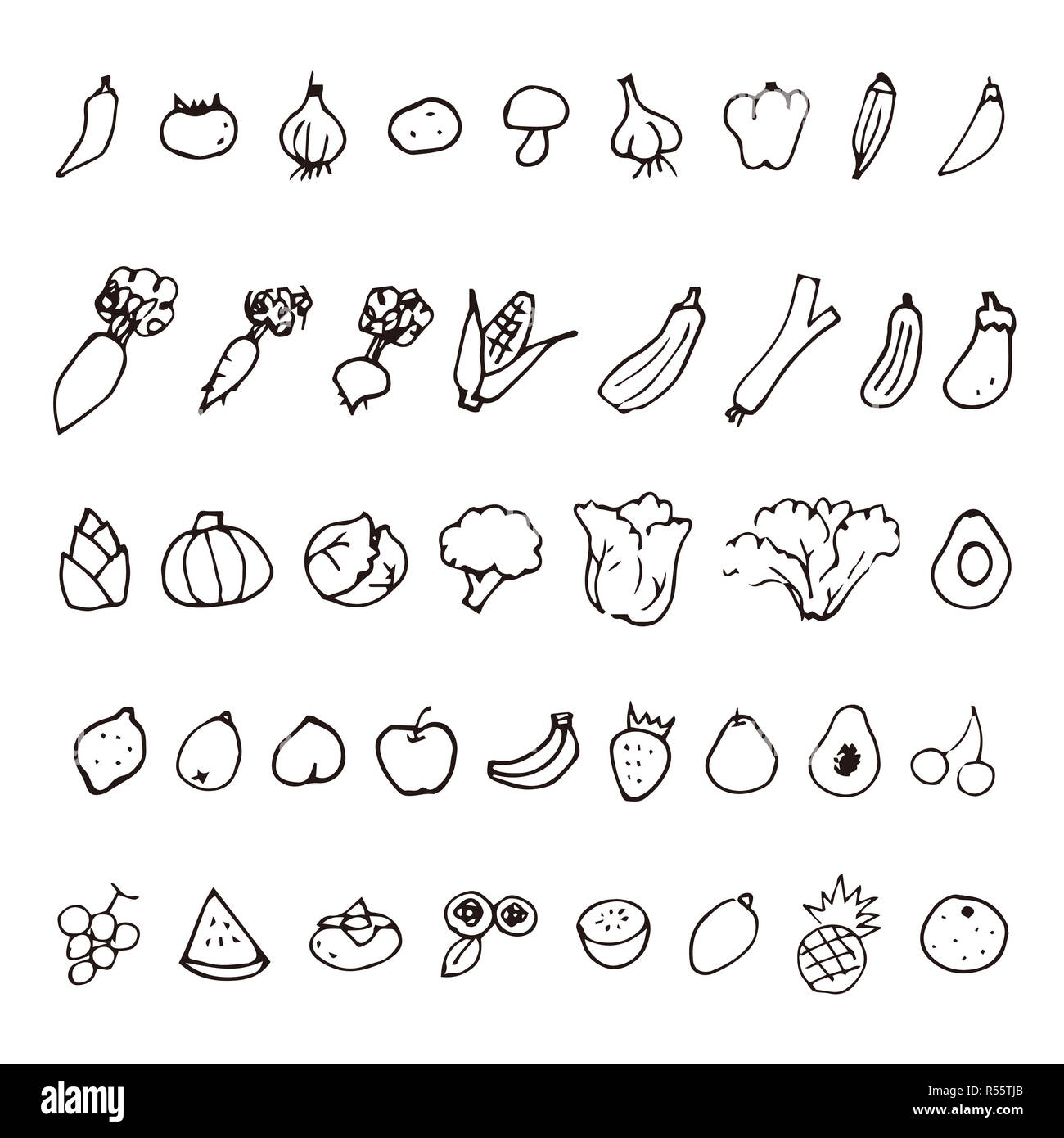 Hand drawn vegetable and fruits sketch icons Stock Photo - Alamy
