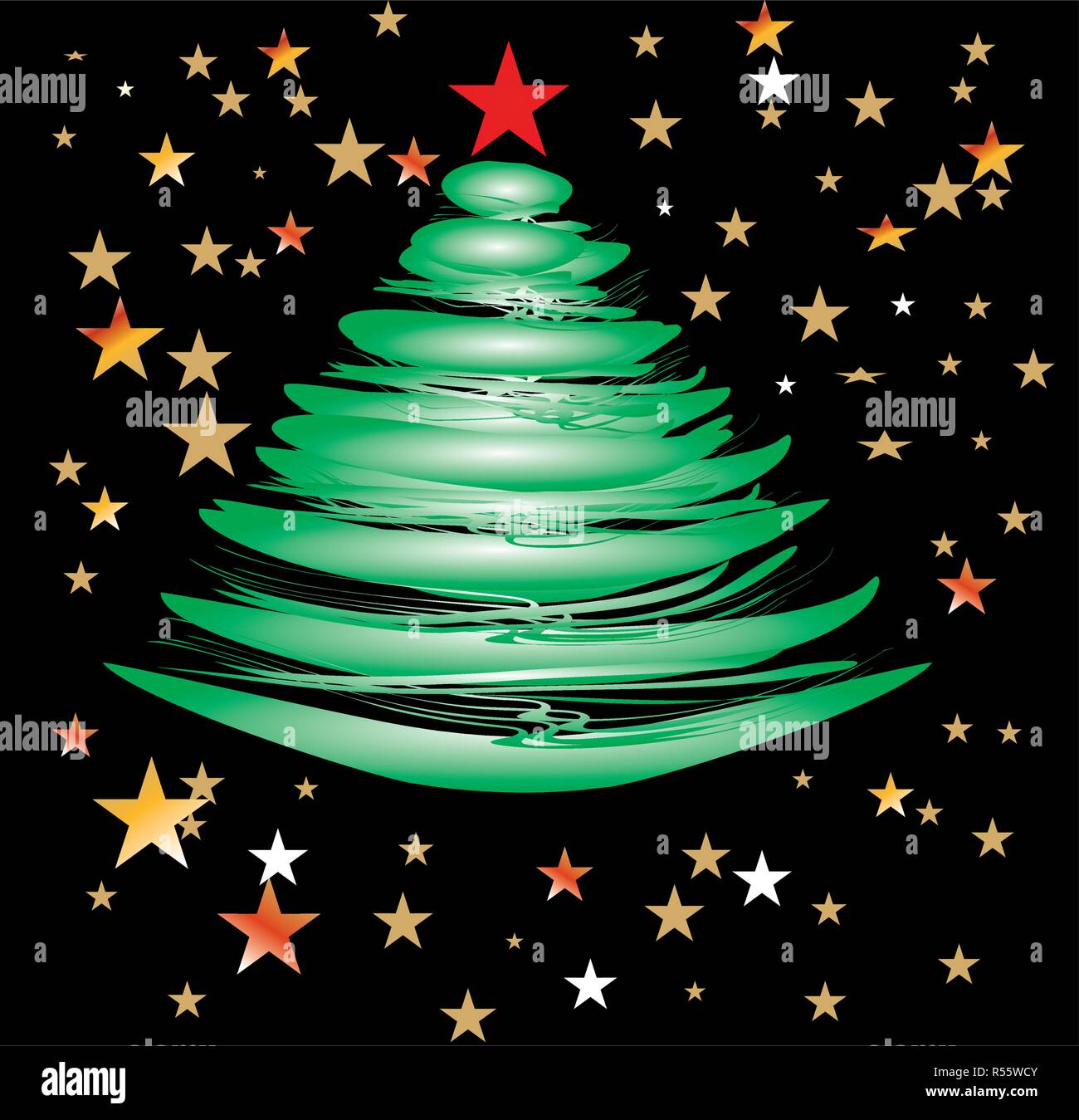 A green colour hand drew Christmas tree with black background vector ...