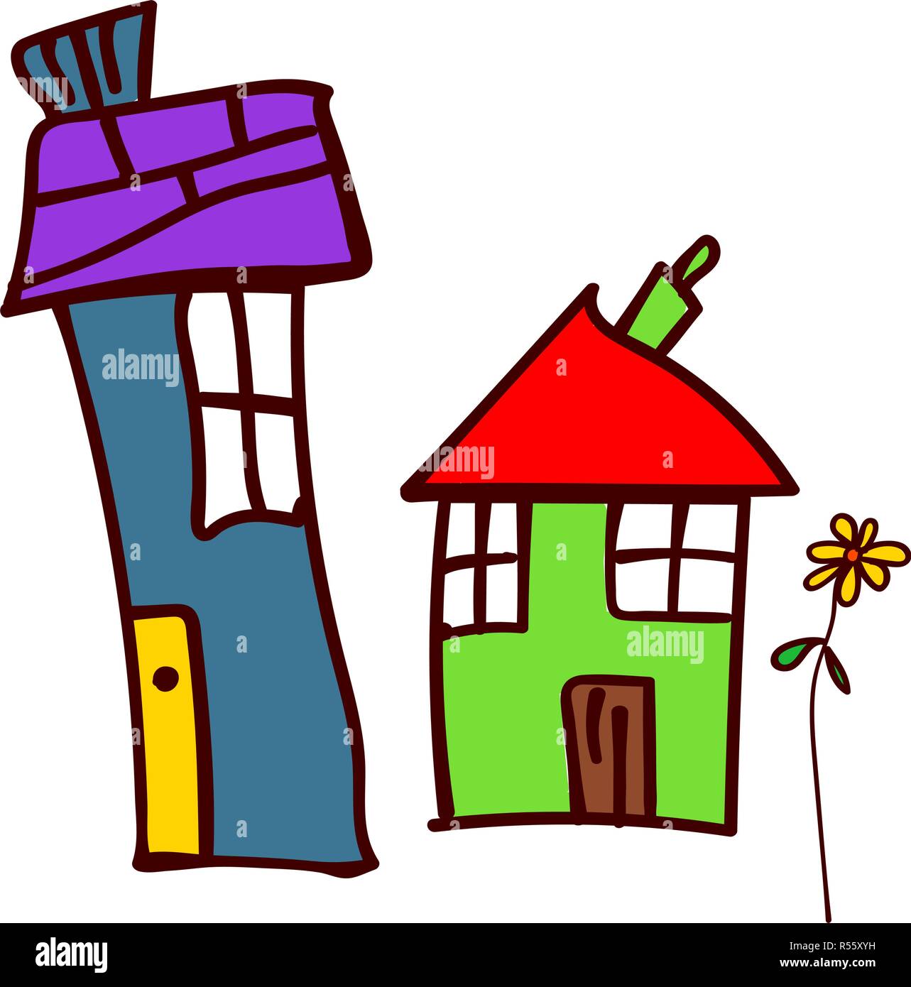 Two house and flower in the style of childrens drawings. Vector ...
