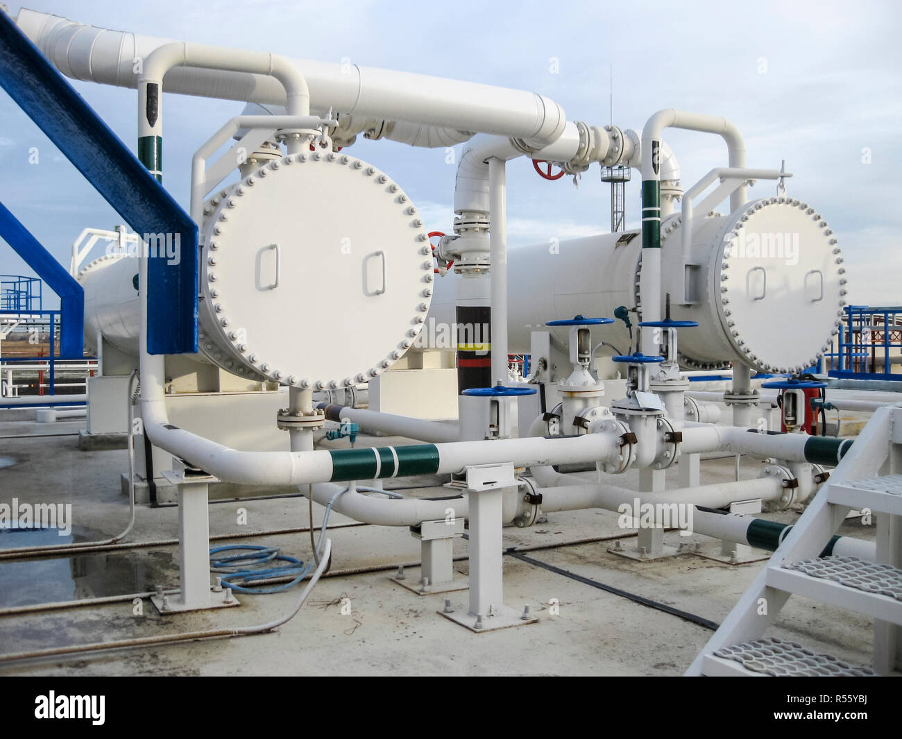 Heat exchangers in a refinery. The equipment for oil refining Stock ...