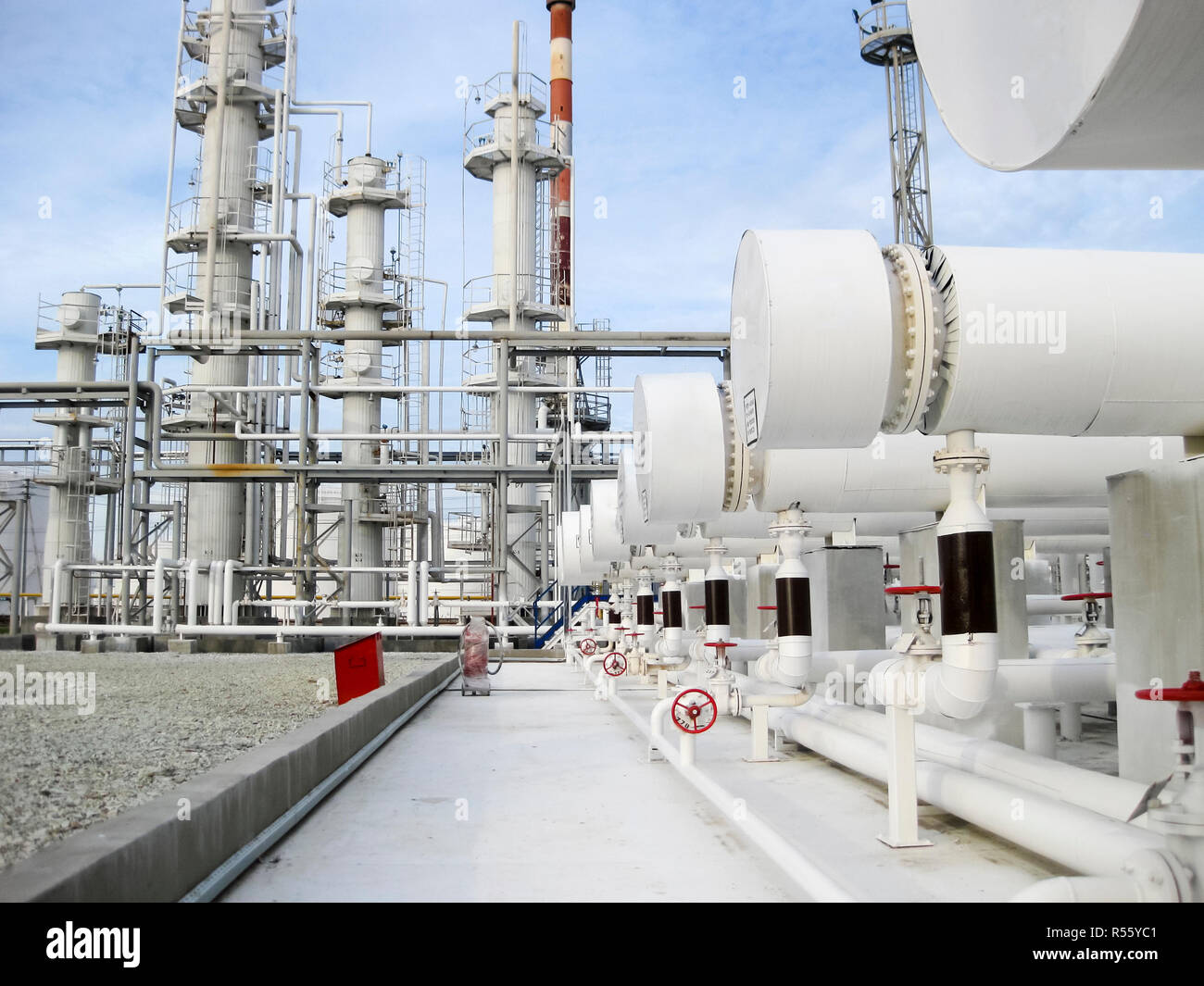Heat exchangers in a refinery. The equipment for oil refining Stock ...