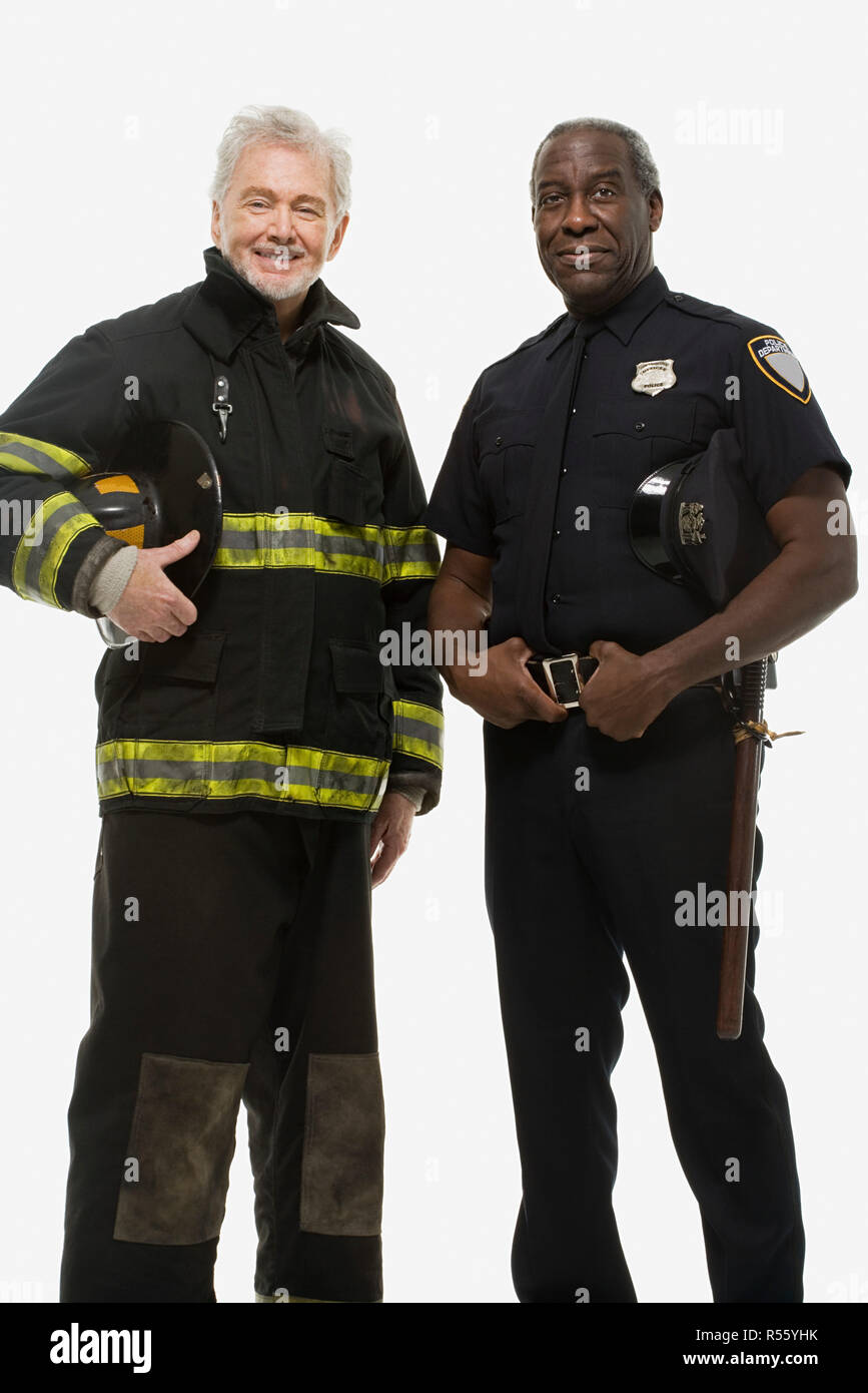 Portrait of a firefighter and a police officer Stock Photo - Alamy