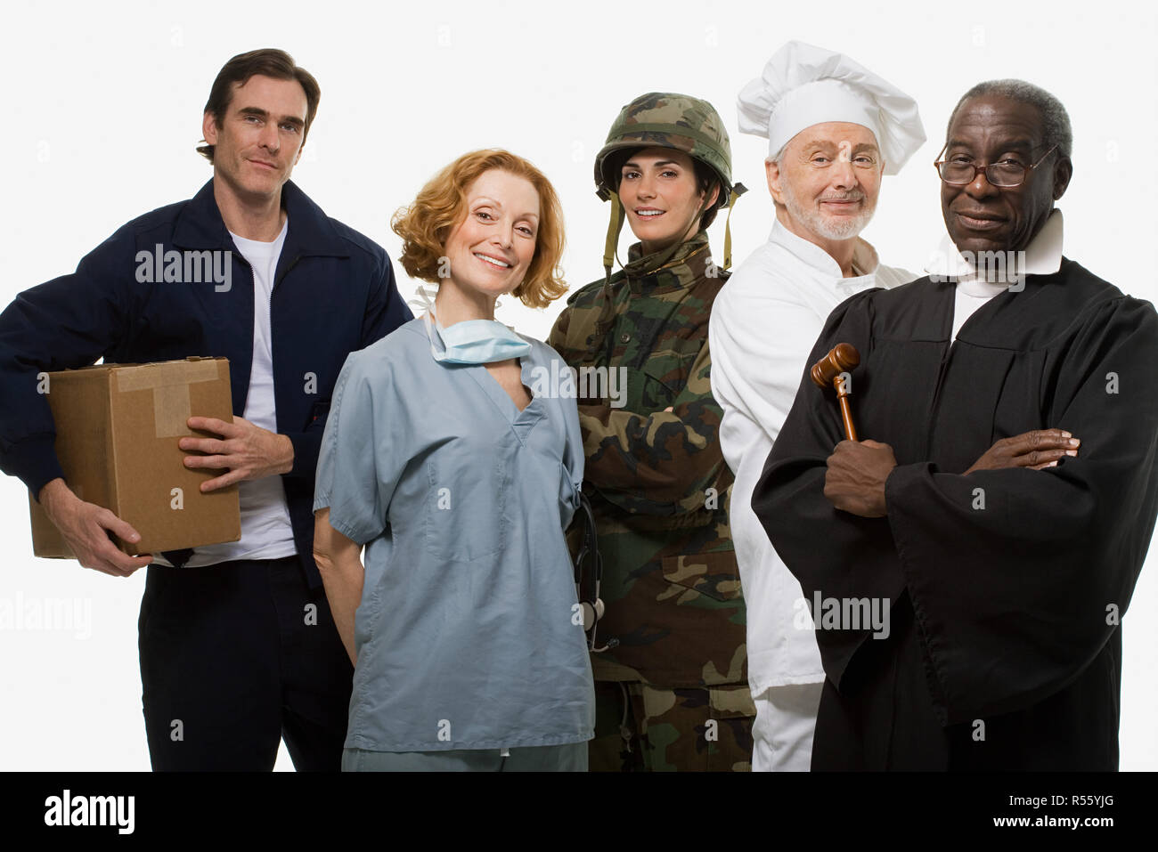 Delivery man surgeon soldier chef and judge Stock Photo - Alamy