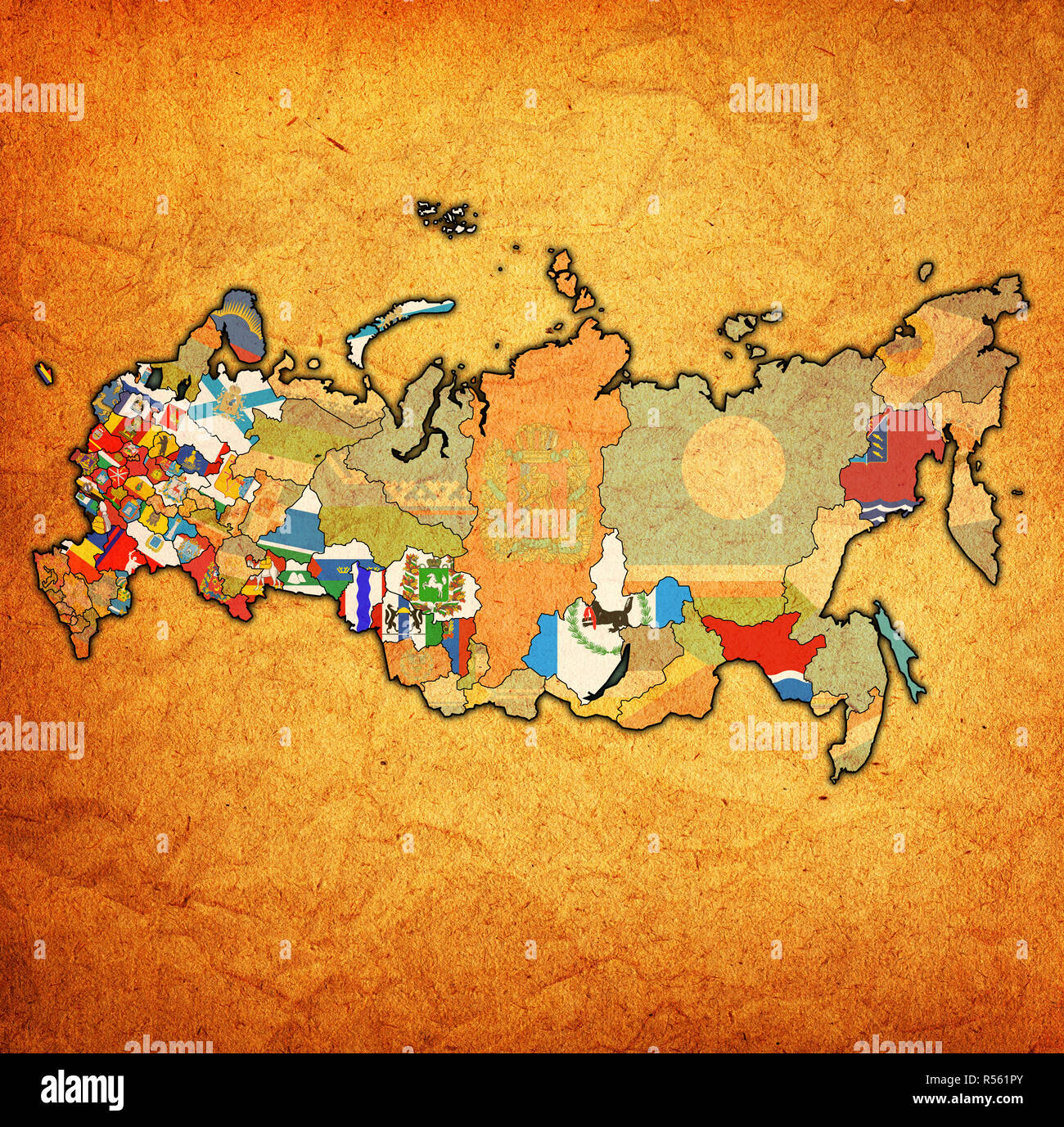 emblems of oblasts on old vintage map with administrative divisions and ...