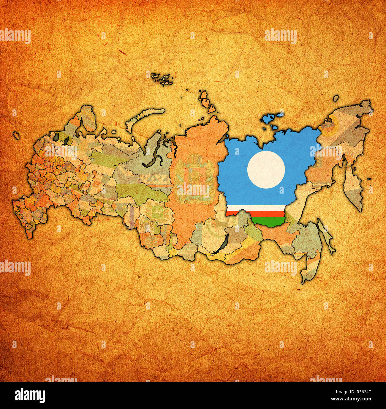 emblem of sakha republic on map with administrative divisions and ...