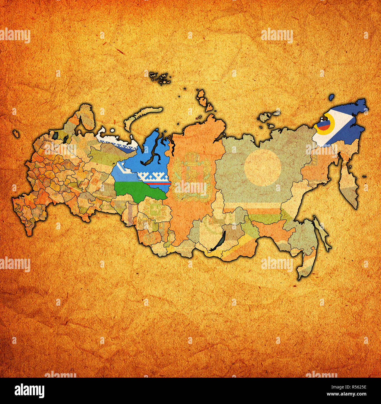 emblems of autonomous districts on map with administrative divisions ...