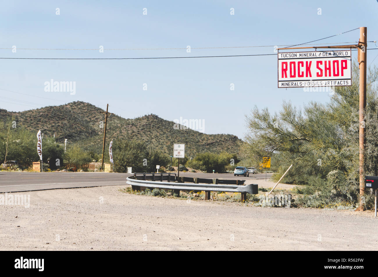 Rock Shop sign on dusty desert road in Tucson, Arizona, USA with ...