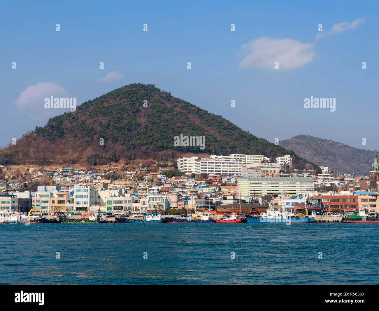 Panorama from the sea to Yeosu city. South Korea. January 2018 Stock ...