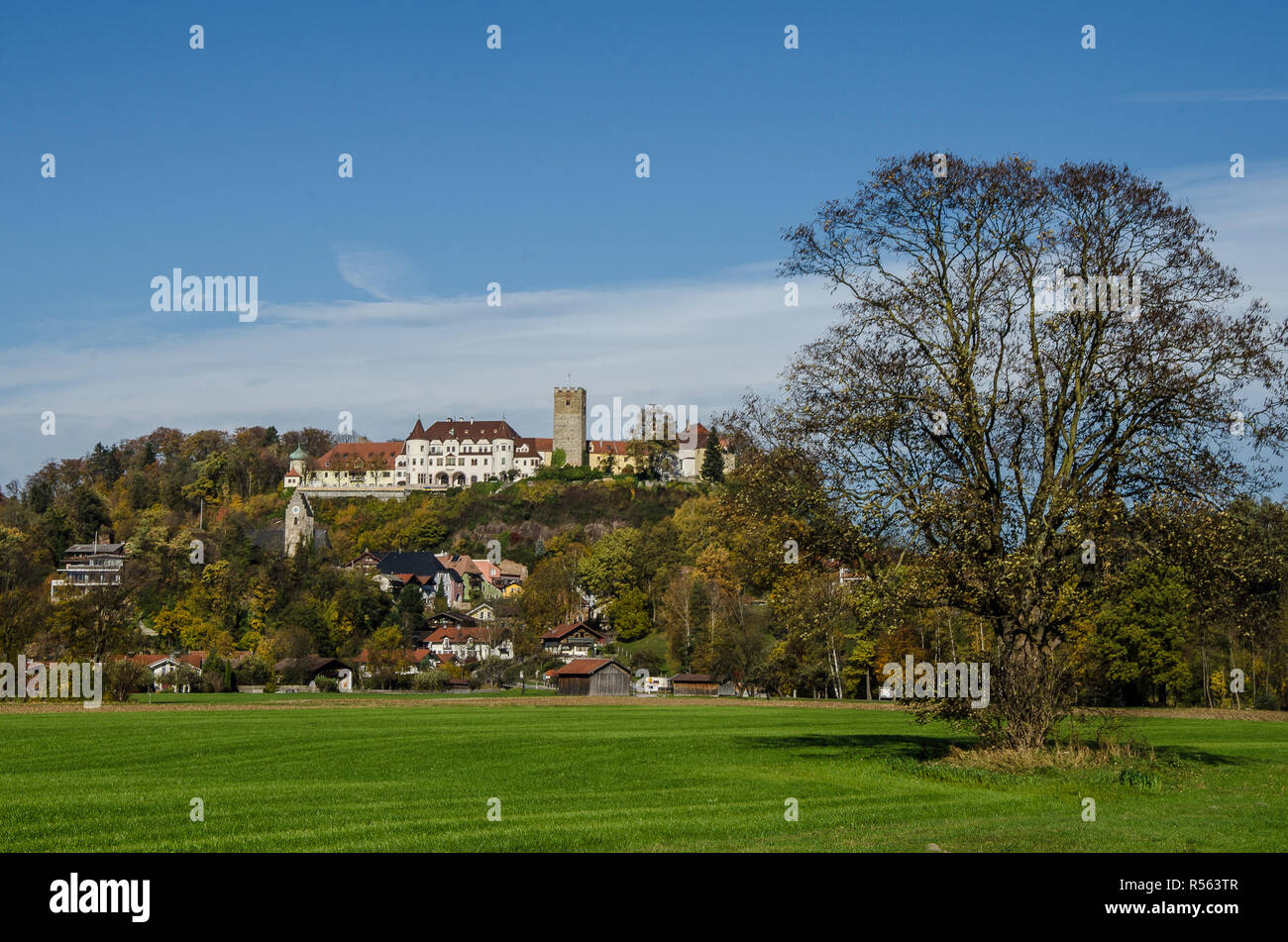 The romantic town of Neubeuern with its castle and painted facades on ...