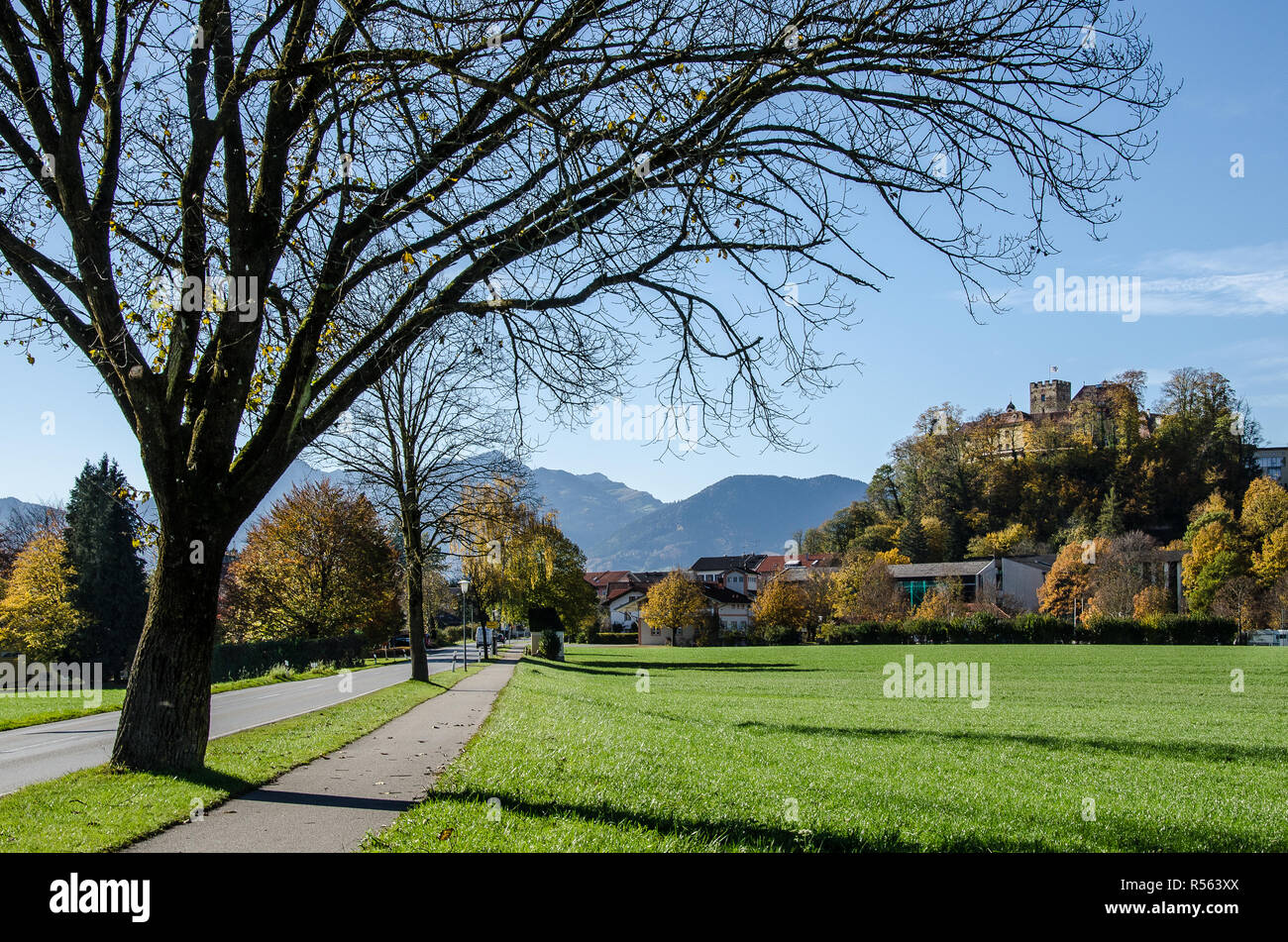 The romantic town of Neubeuern with its castle and painted facades on ...