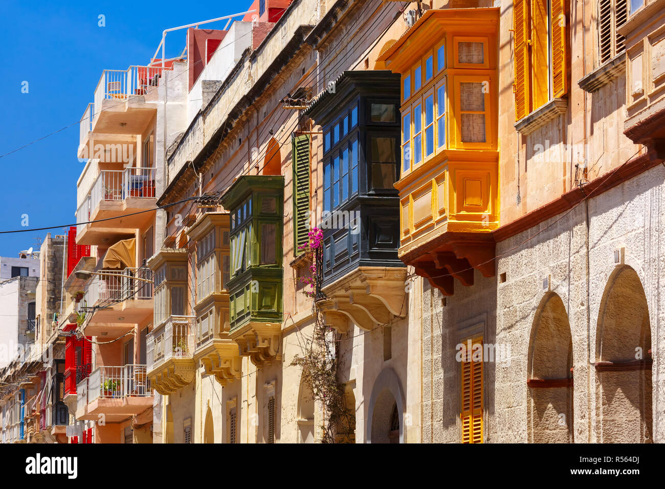 Traditional colorful wooden balconies, Malta Stock Photo - Alamy