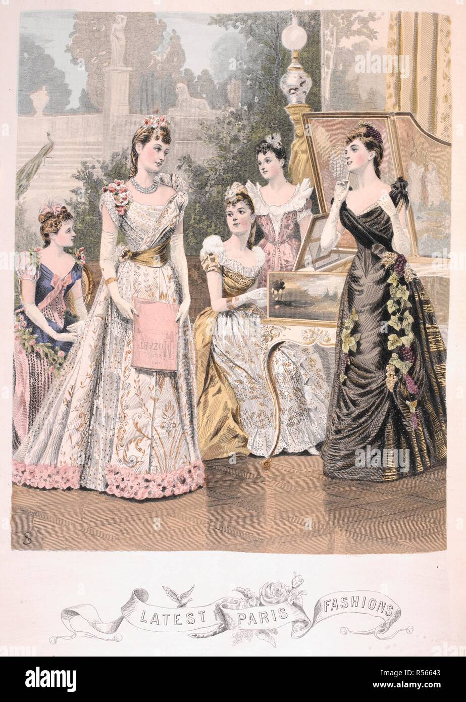 'Latest Paris fashions'. A group of women gathered around a piano. The ...