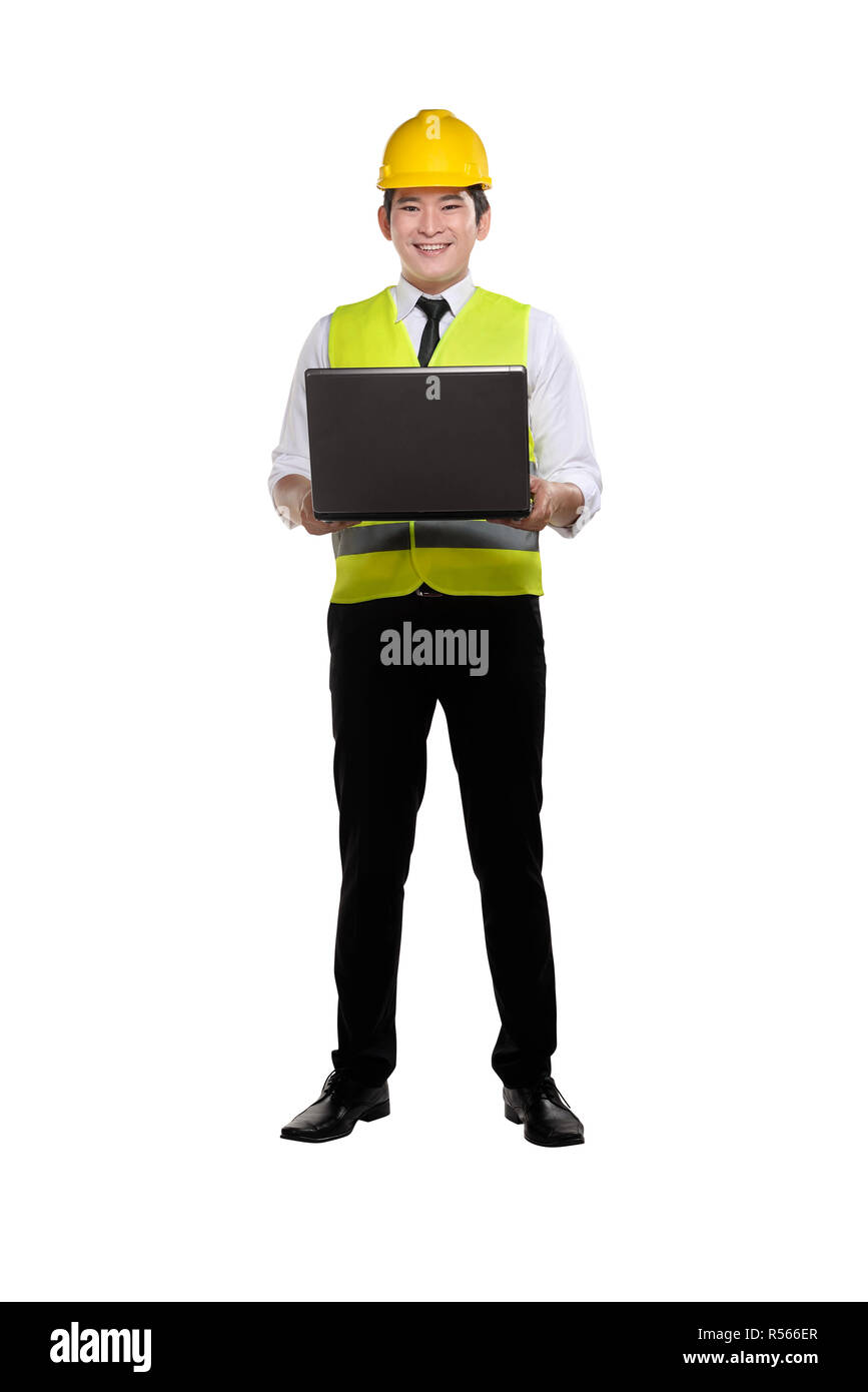 Smiling asian construction man with worker uniform holding laptop Stock ...