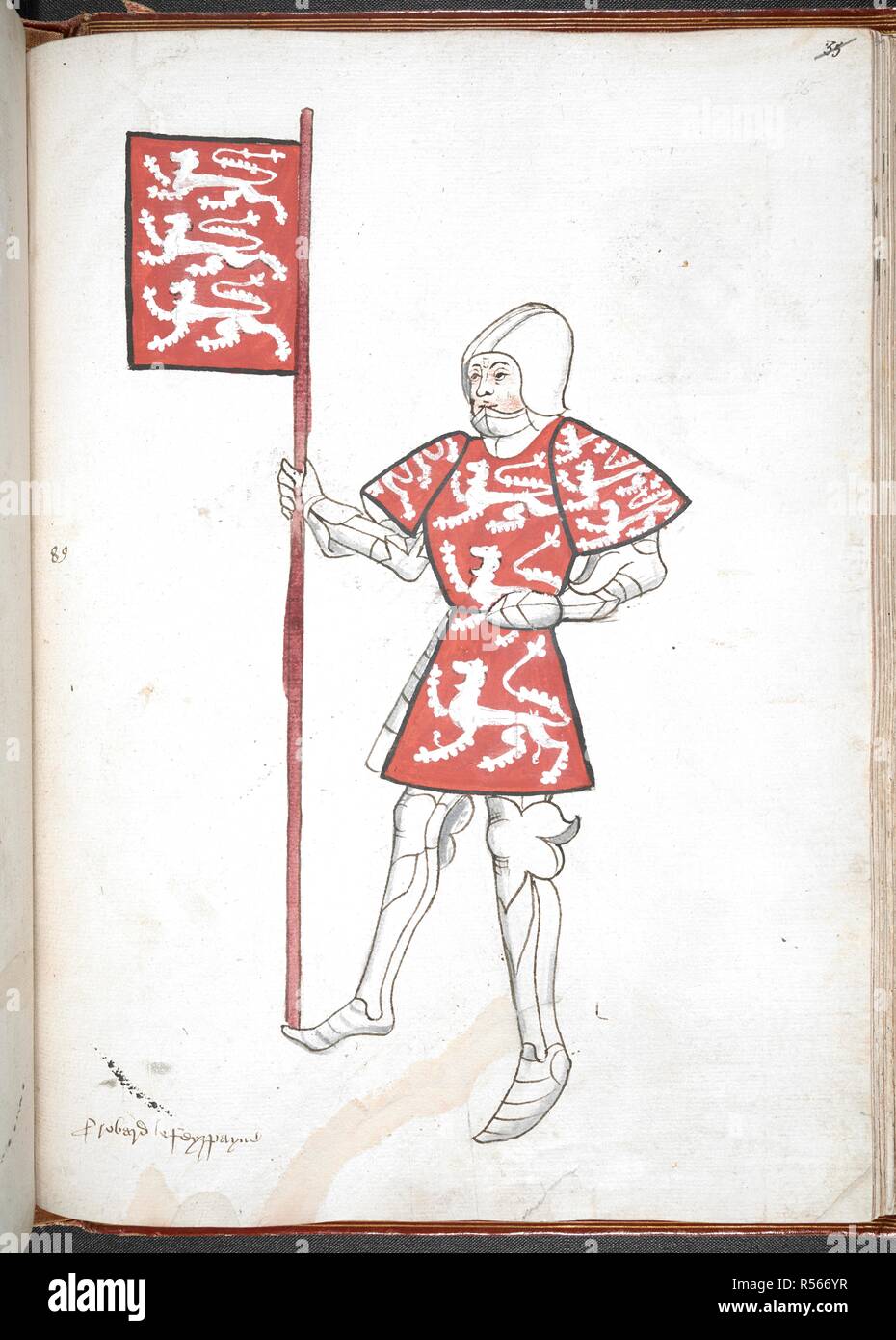 Knight, in armour and tabard, holding a sword and a standard with ...