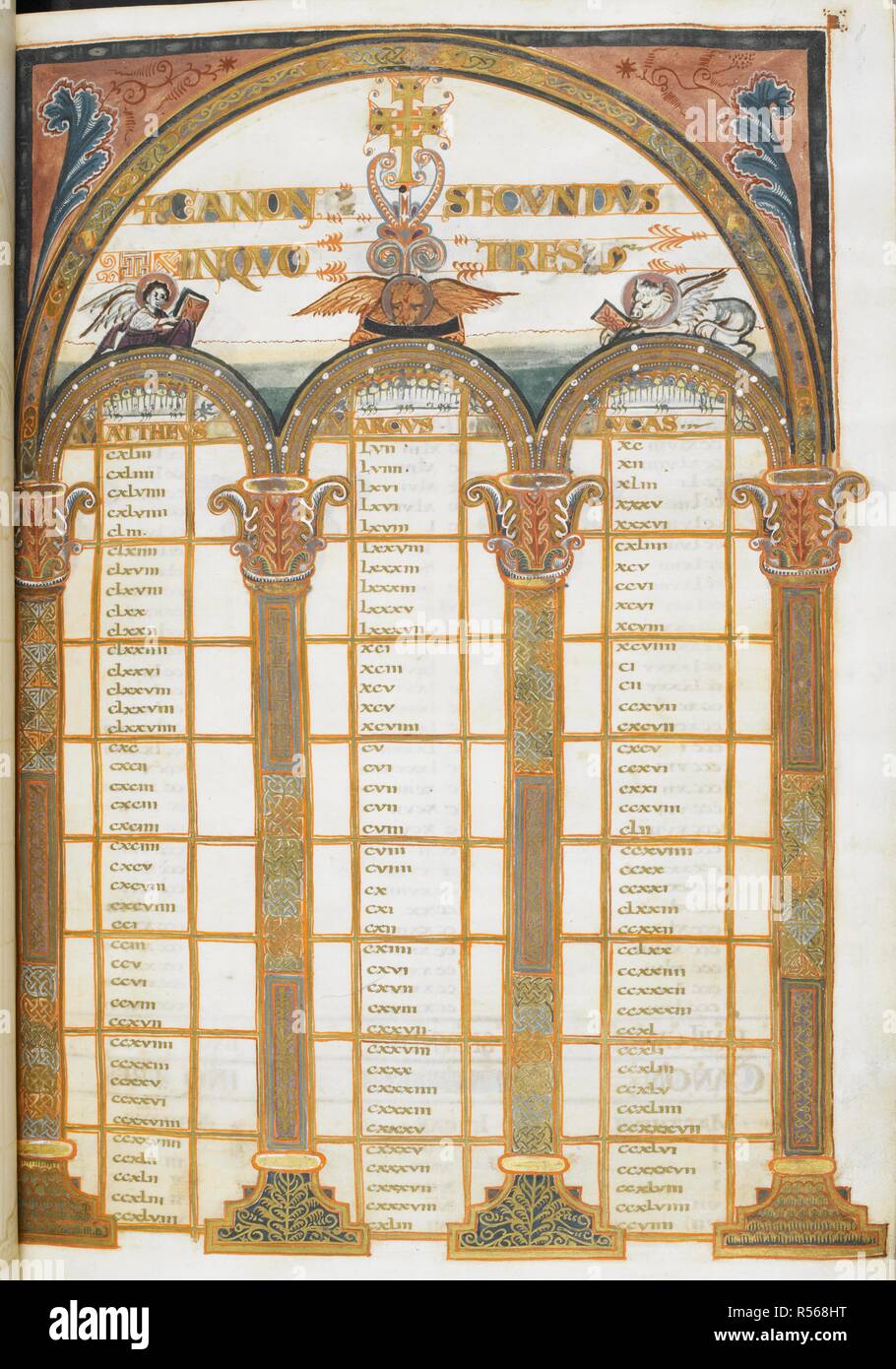 Canon table with decorated columnettes. . Harley Golden Gospels. Four ...