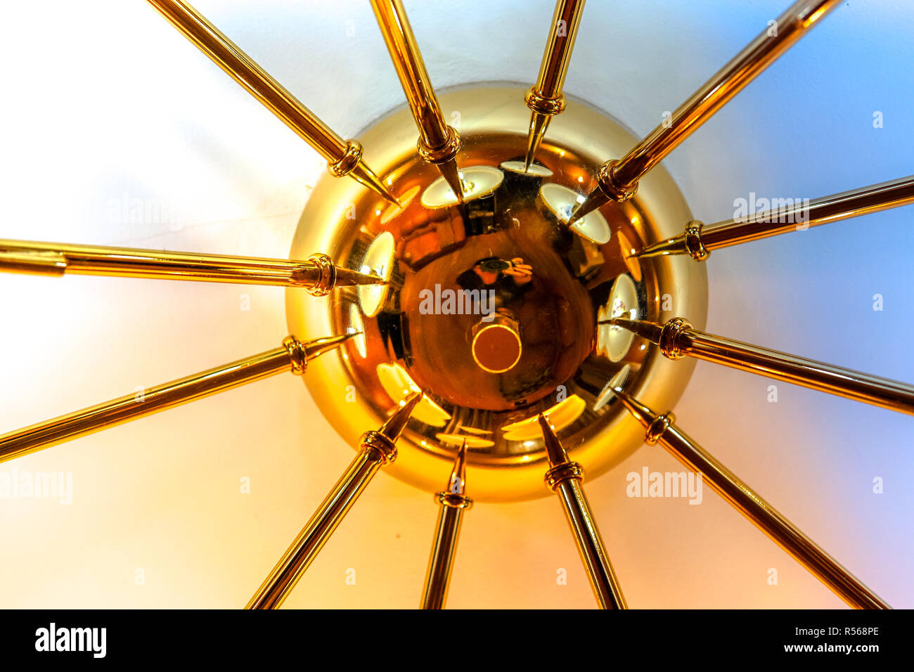 Modern copper chandelier with round shades of glass, bottom view Stock ...