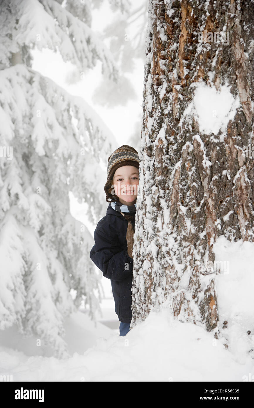 Boy and tree in the snow Stock Photo - Alamy