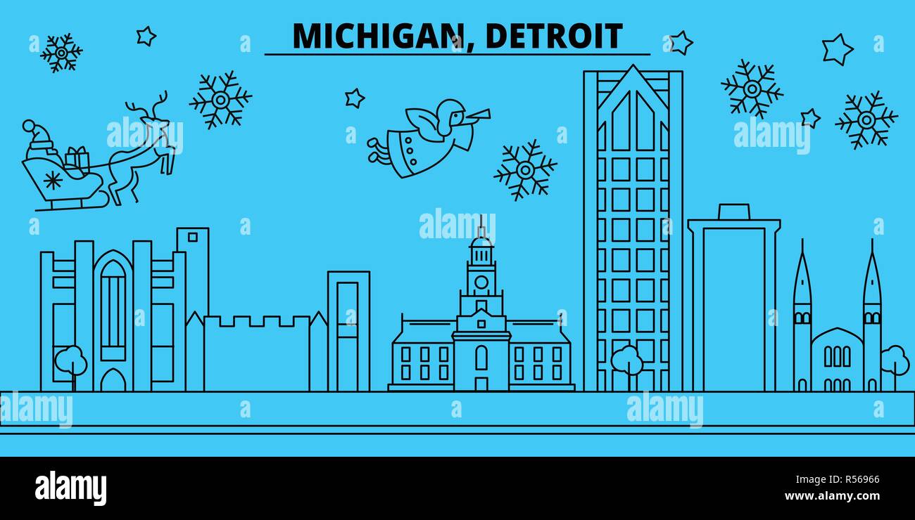 United States, Detroit winter holidays skyline. Merry Christmas, Happy ...
