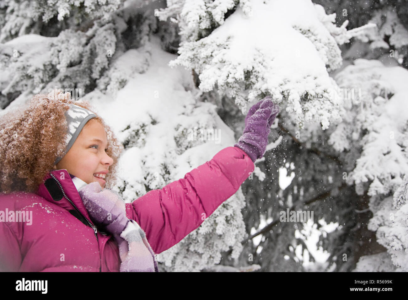 Girl touching snow on a branch Stock Photo - Alamy