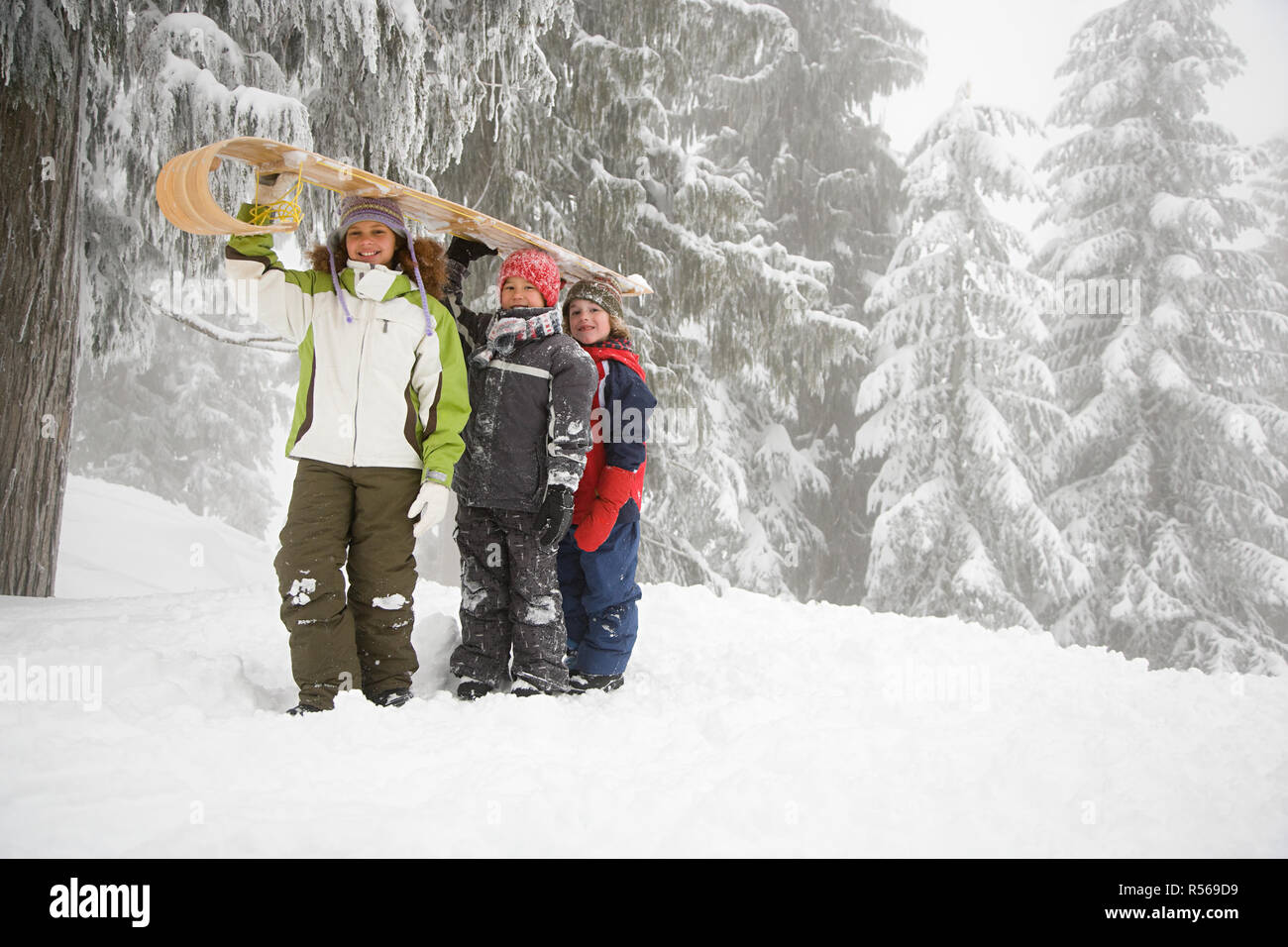 Children with toboggan Stock Photo - Alamy