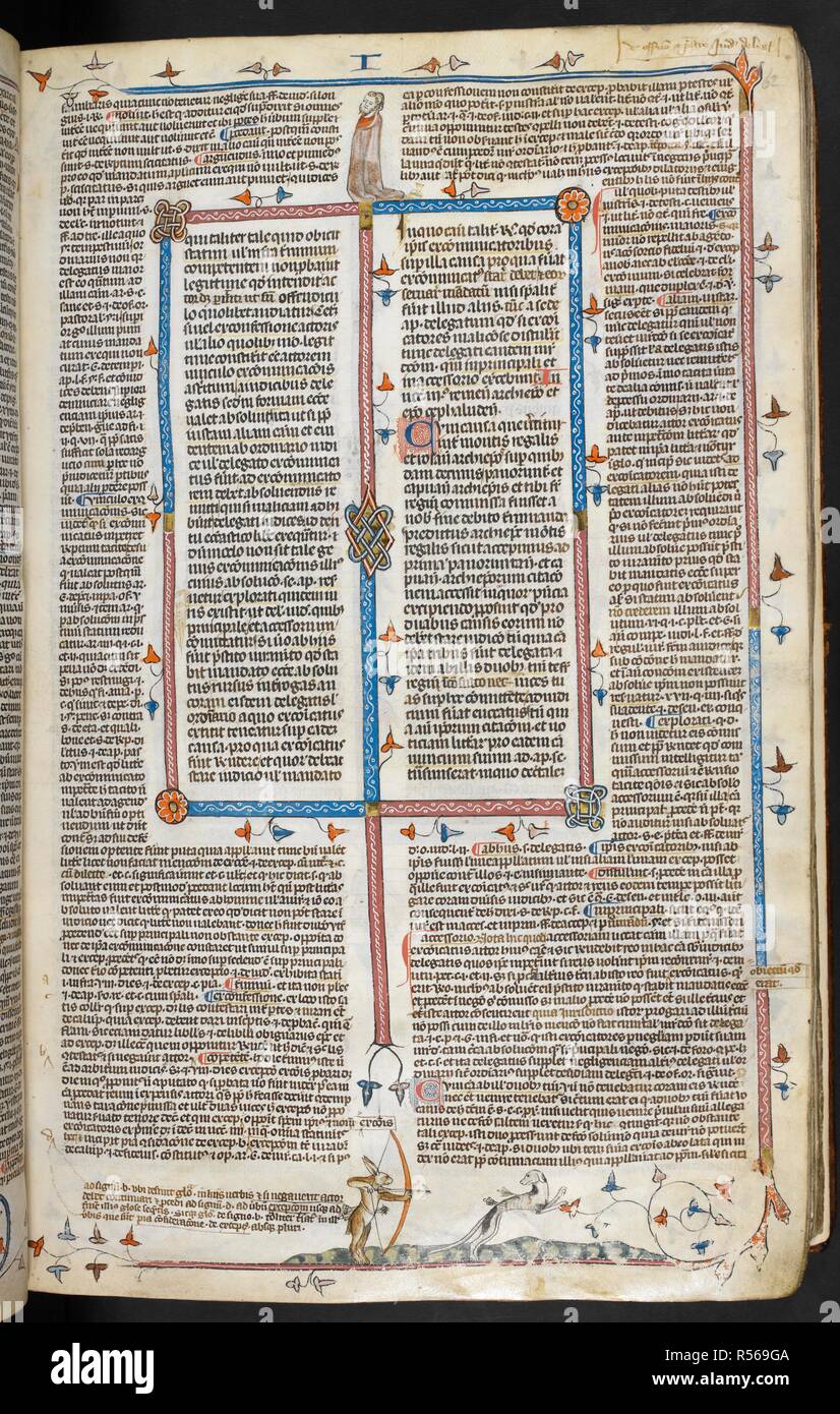 A bas-de-page scene of a rabbit shooting at a hound with a bow and ...