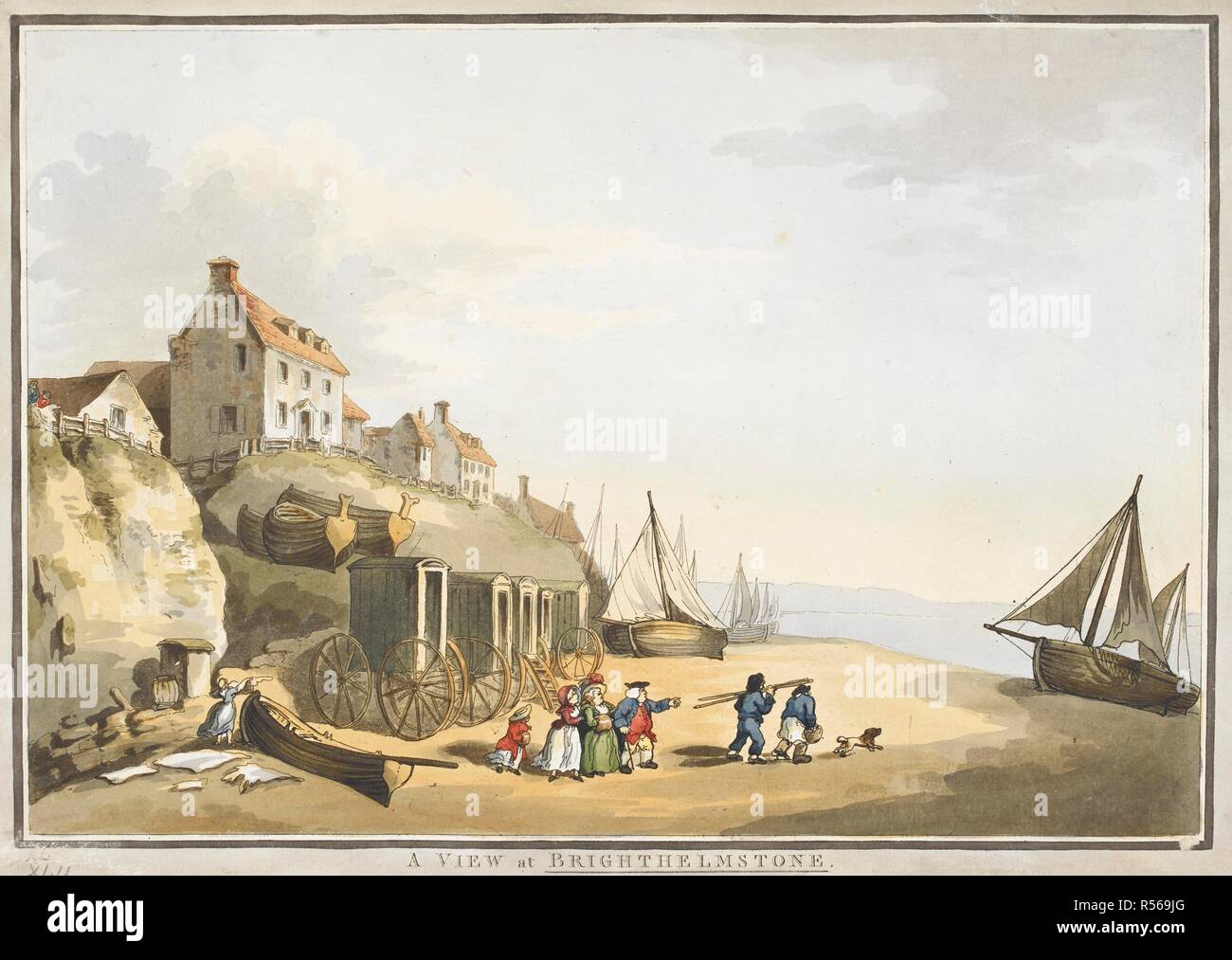 Figures on the beach at Brighton; bathing machines on the left-hand ...