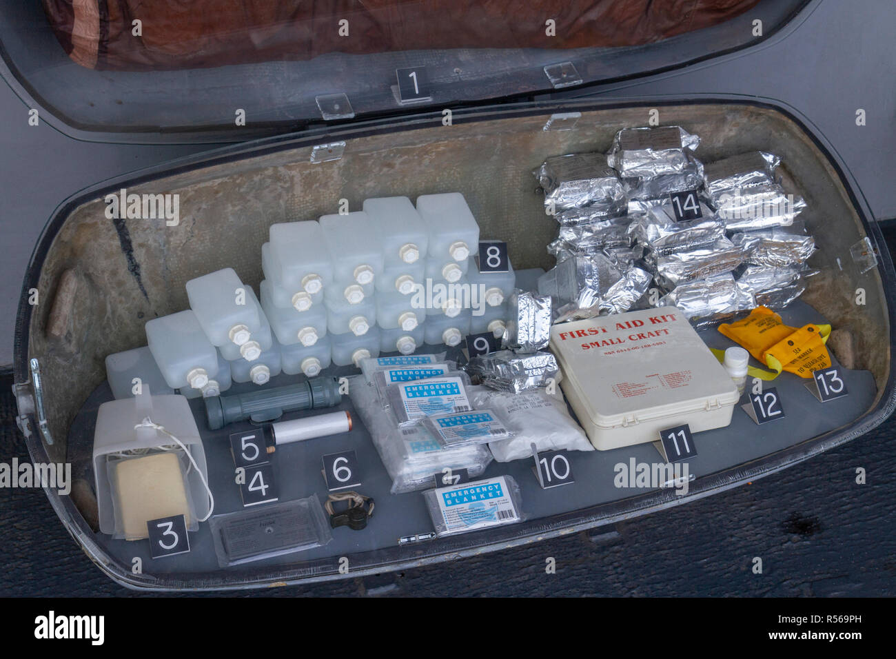 The emergency rations inside a Mark 6, 25-man life raft as deployed on ...