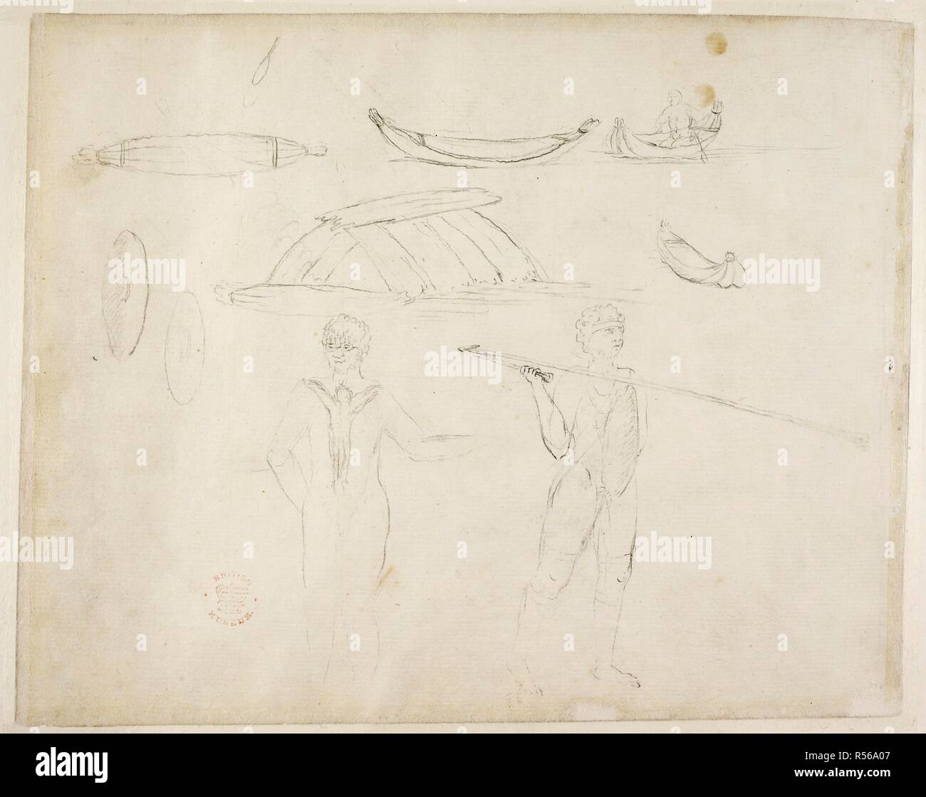 Two Aborigines and canoes. Sketches made in Captain Cook's First Voyage ...