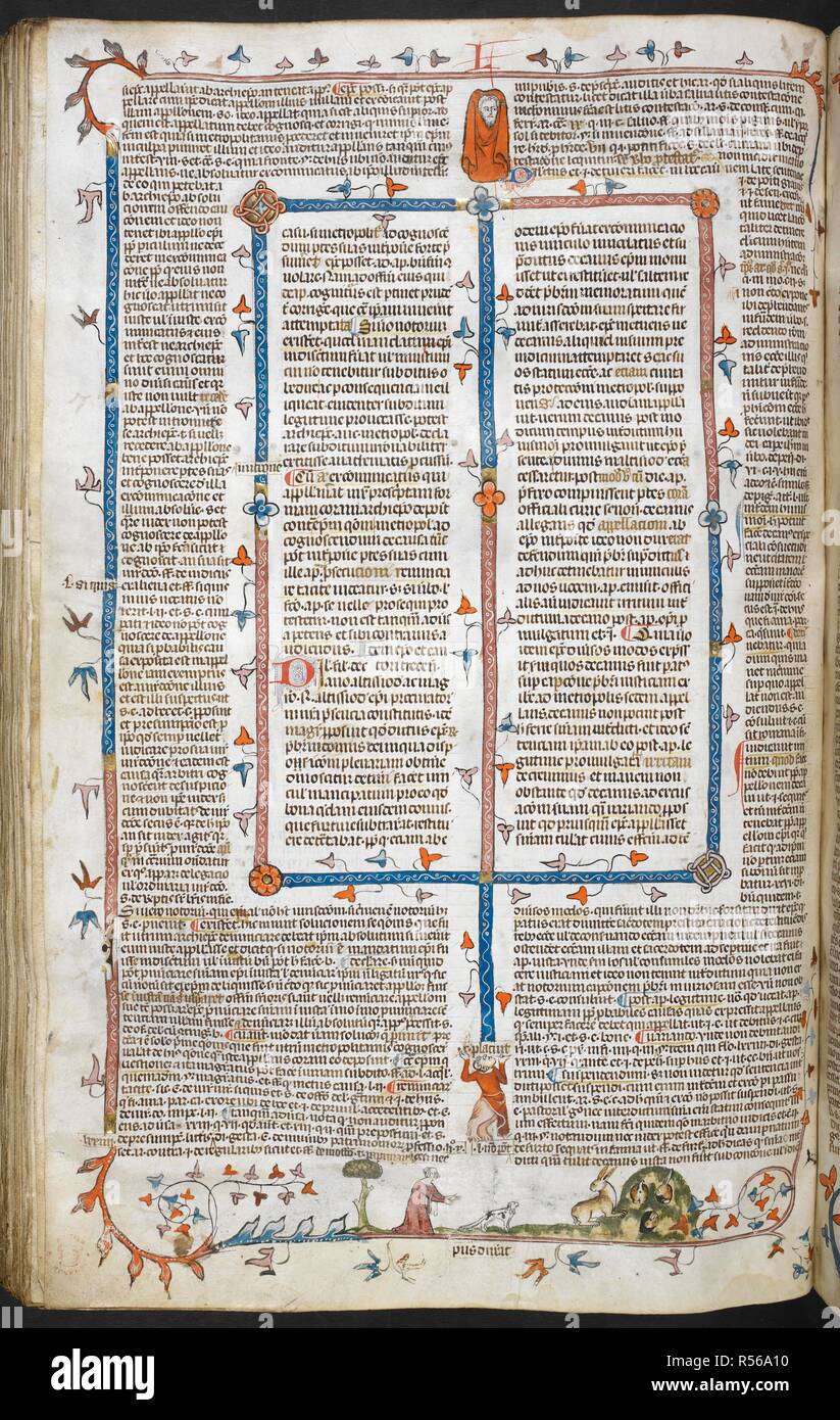 A bas-de-page scene of a woman with a dog near a rabbit warren ...