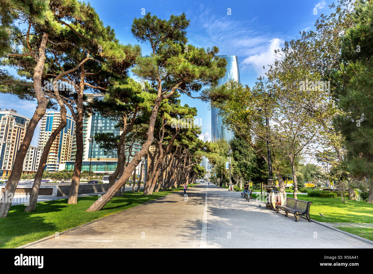 Baku, Azerbaijan - Oct 11th 2018 - A park with trees and few people ...