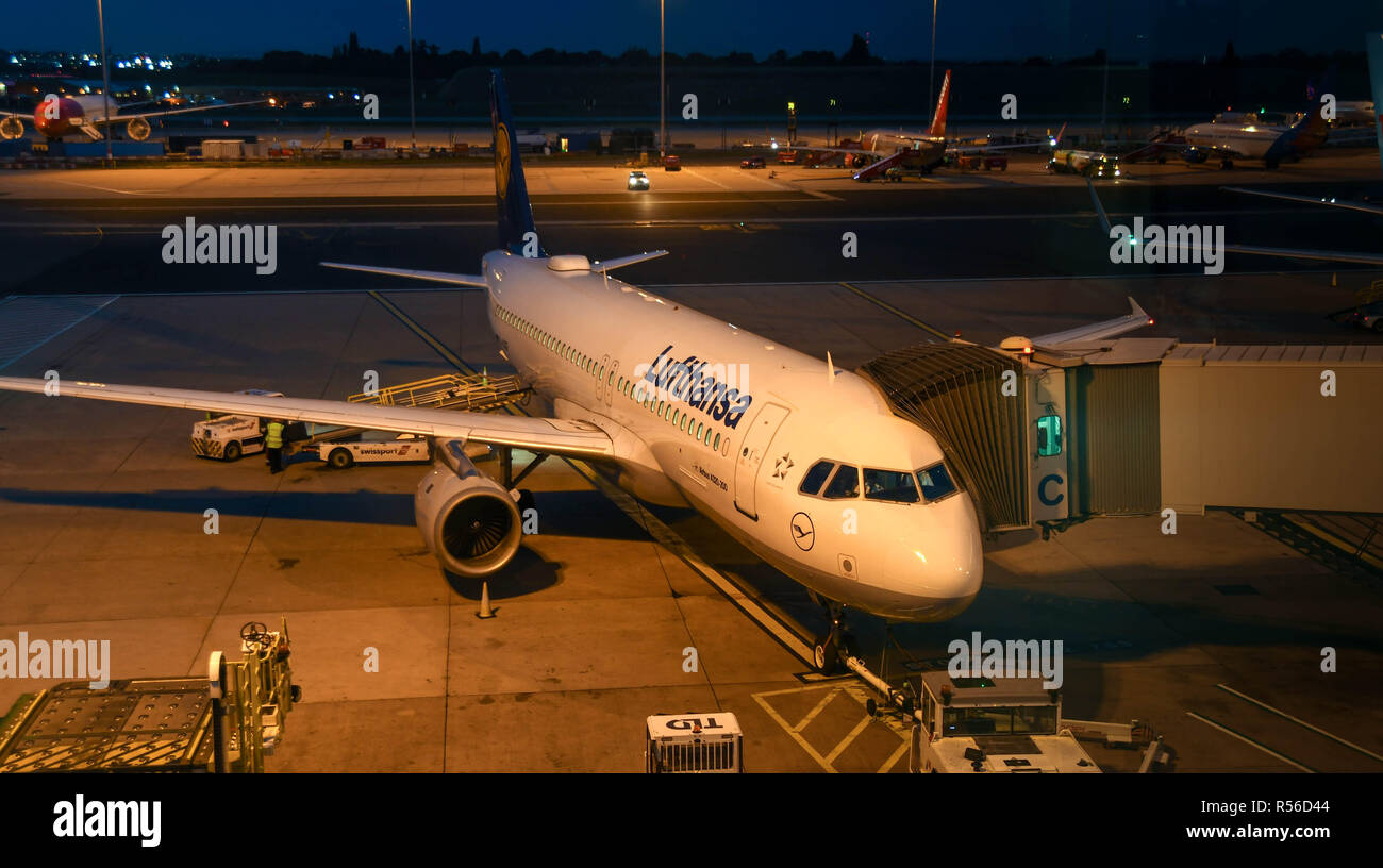 Airbus A320 jet operated by German airline Lufthansa about to push back ...