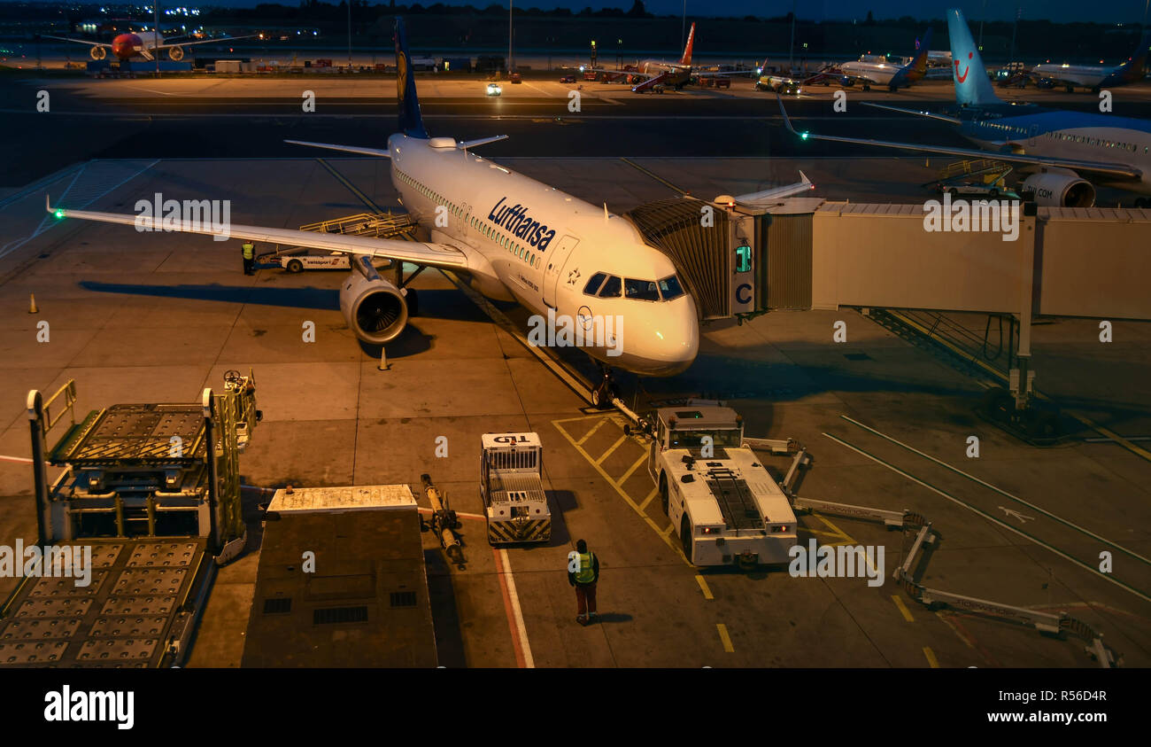Airbus A320 jet operated by German airline Lufthansa about to push back ...