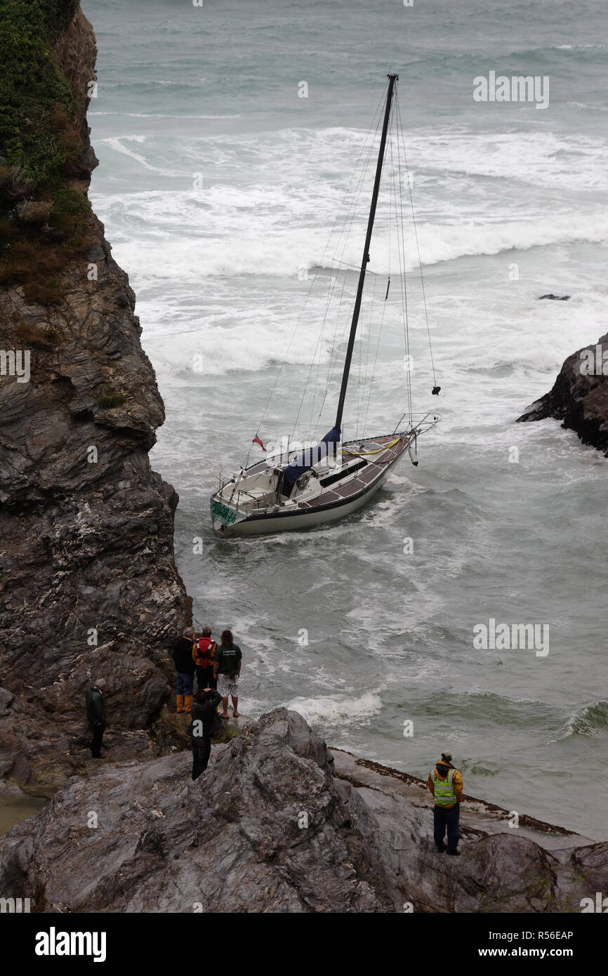 Shipwrecked yacht smashed on the Island beach Newquay,Cornwall, UK ...