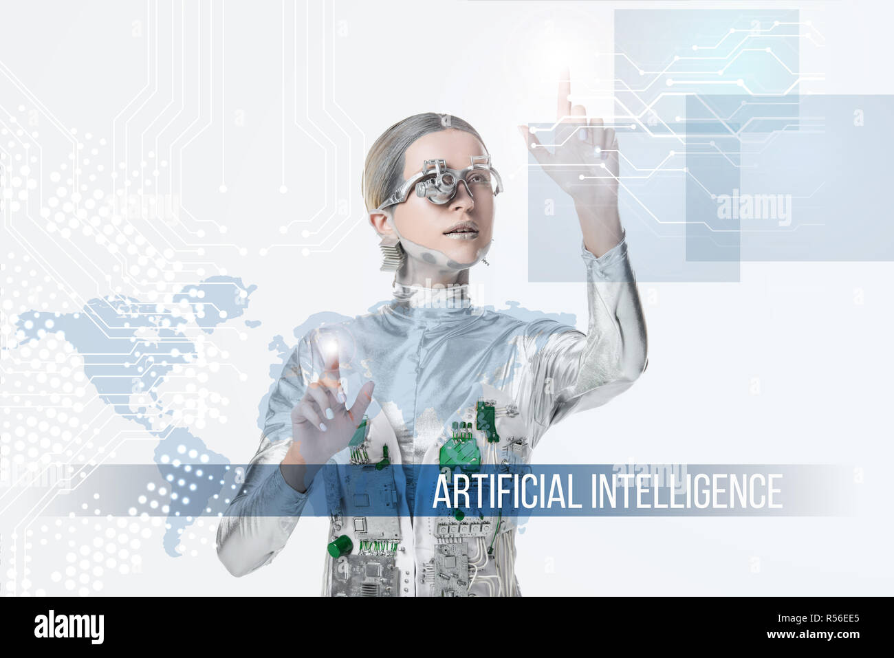 silver cyborg with eye prosthesis touching digital data isolated on ...