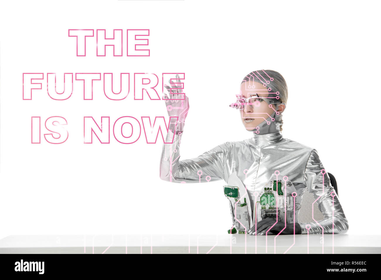 silver cyborg with eye prosthesis sitting at table and touching "the ...