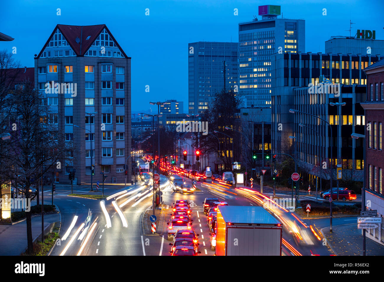 Evening city traffic in Essen, Germany, large intersection, the ...
