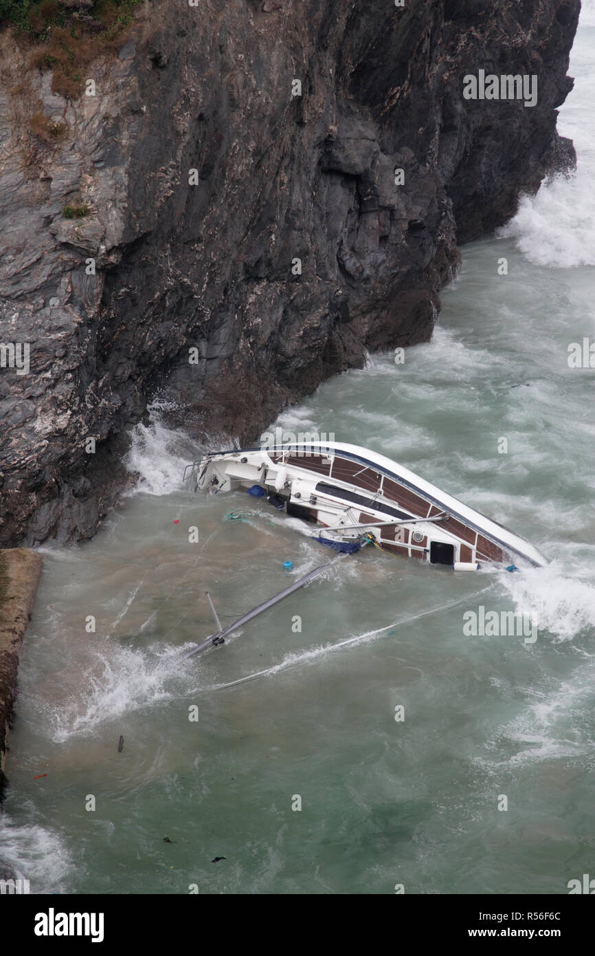 Shipwrecked yacht smashed on the Island beach Newquay,Cornwall, UK ...