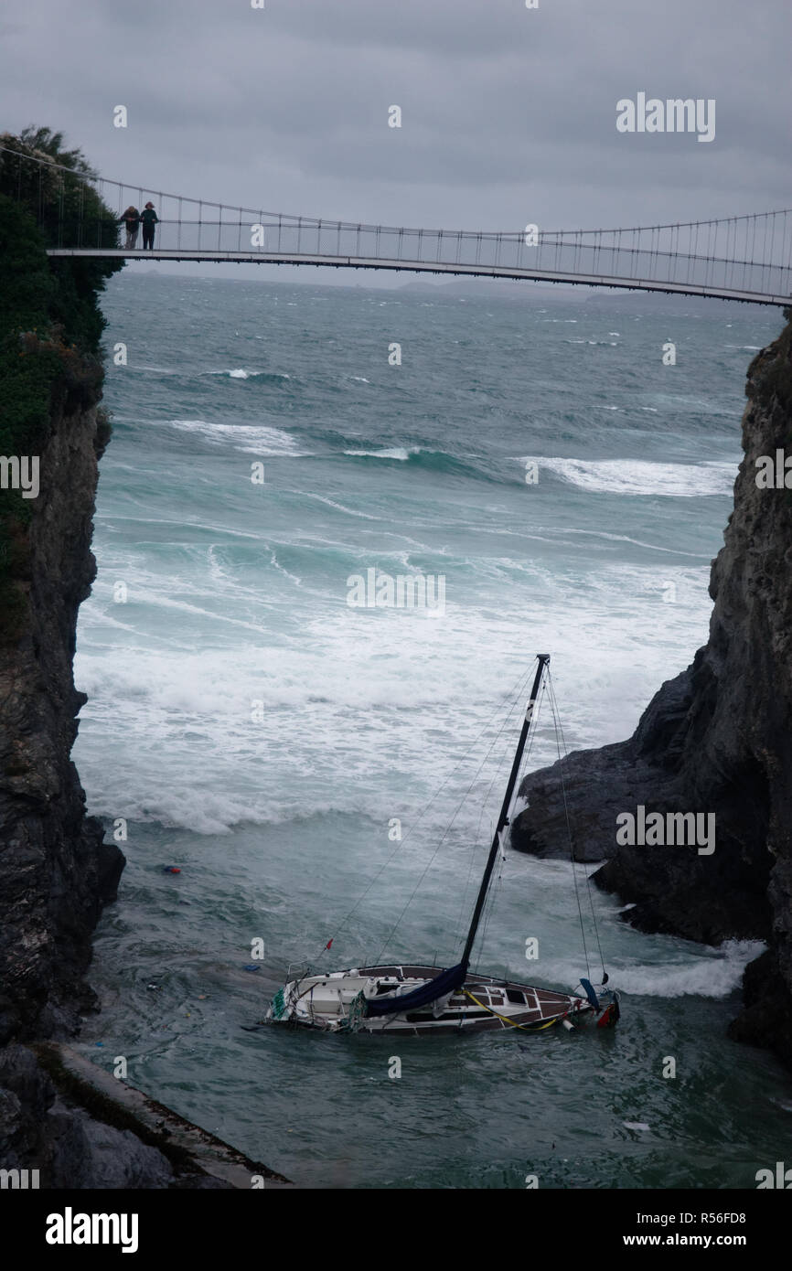Shipwrecked yacht smashed on the Island beach Newquay,Cornwall, UK ...