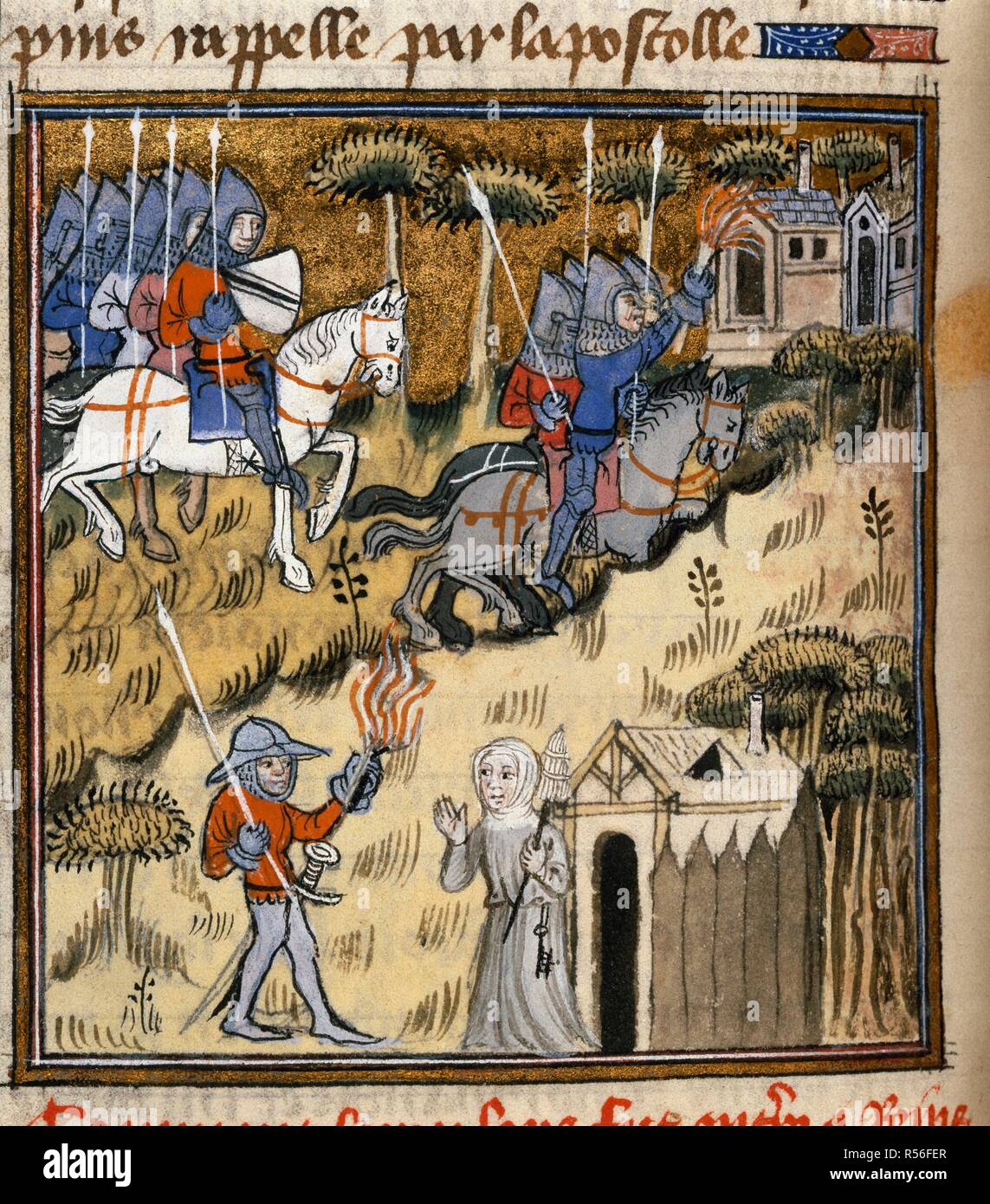 Cavalry setting light to buildings with flaming torches; a nun ...