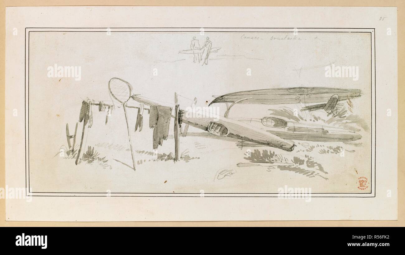 Canoes, Oonalaska; pencil and wash. Sketches and colored drawings made ...