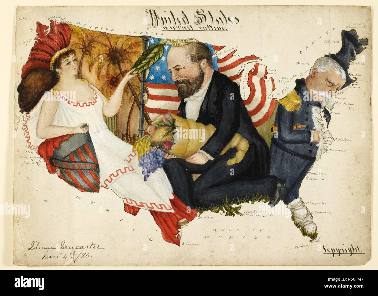 Cartoon map depicting the US Presidential Election of 1880. The outline ...
