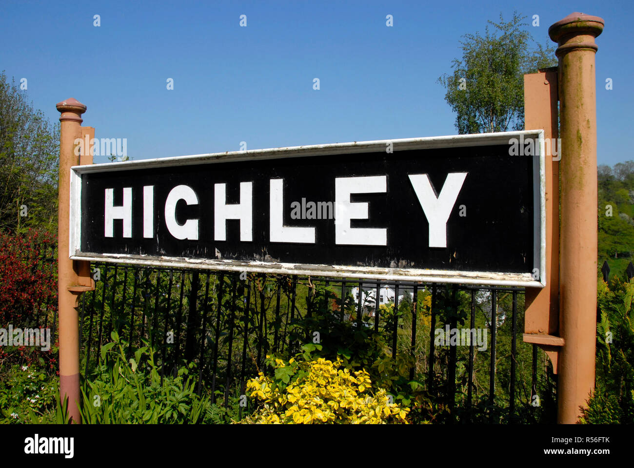 Sign for Highley, Shropshire, England on the railway station of the ...
