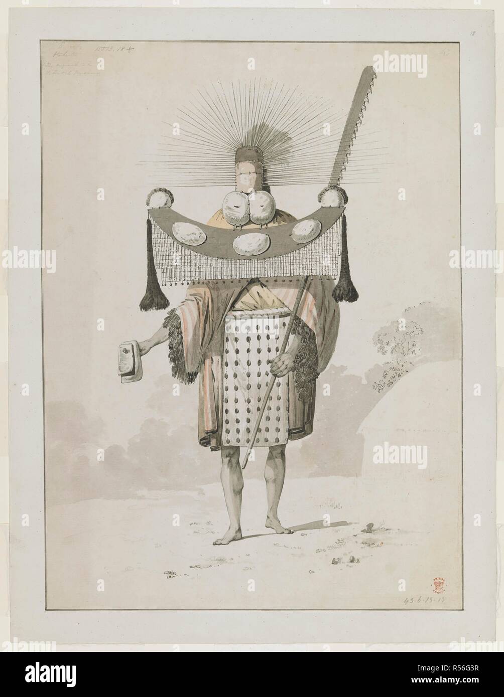 Drawing of a person of Otaheite (Tahiti), wearing amn elaborate costume ...