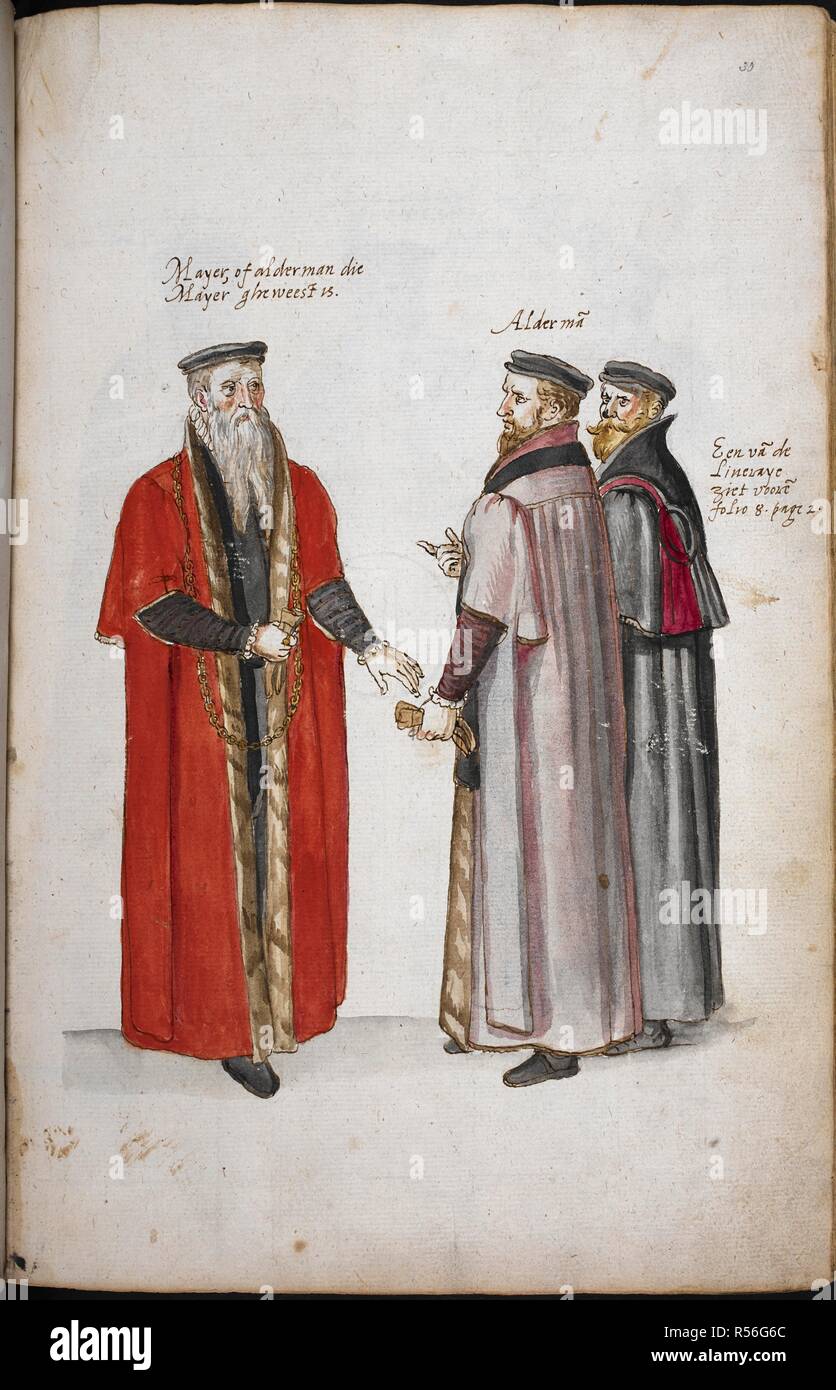 Three men in robes of the Elizabethan era: a Lord Mayor, an Alderman ...