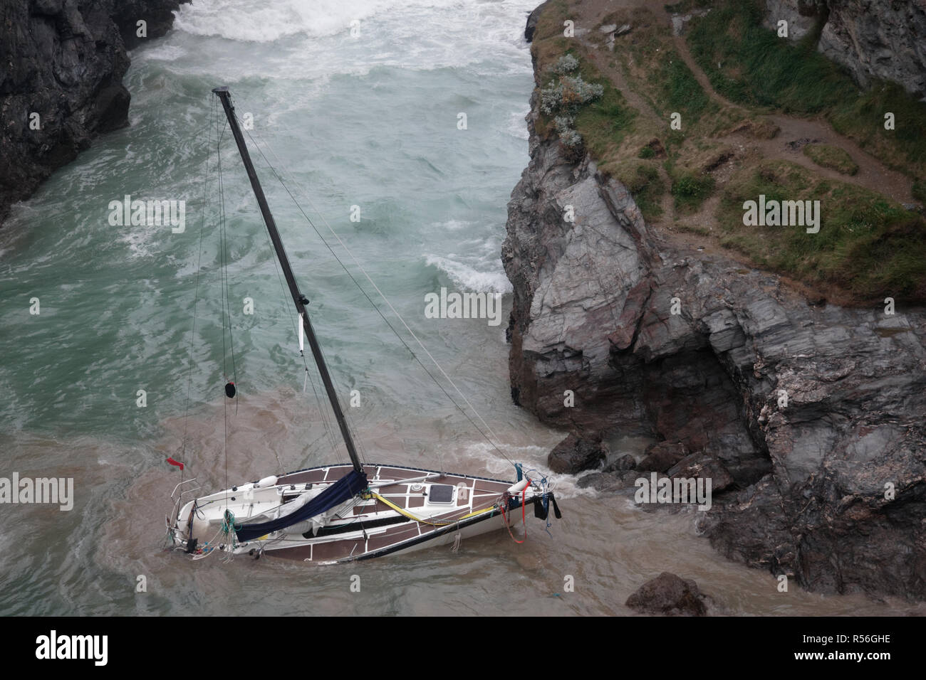 Shipwrecked yacht smashed on the Island beach Newquay,Cornwall, UK ...