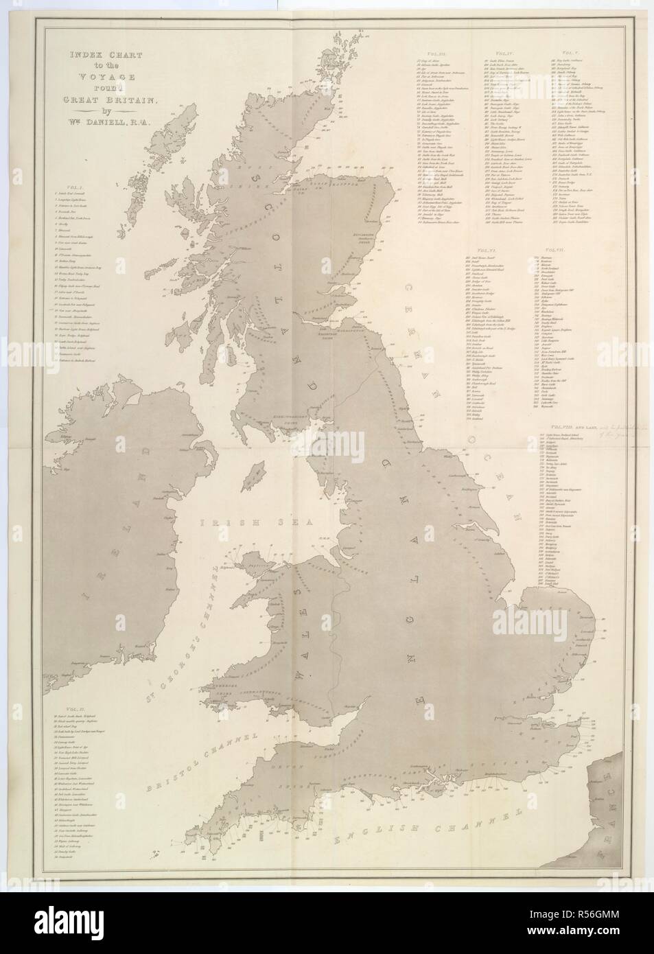 A map of the islands of Great Britain with an index. The coastline and ...